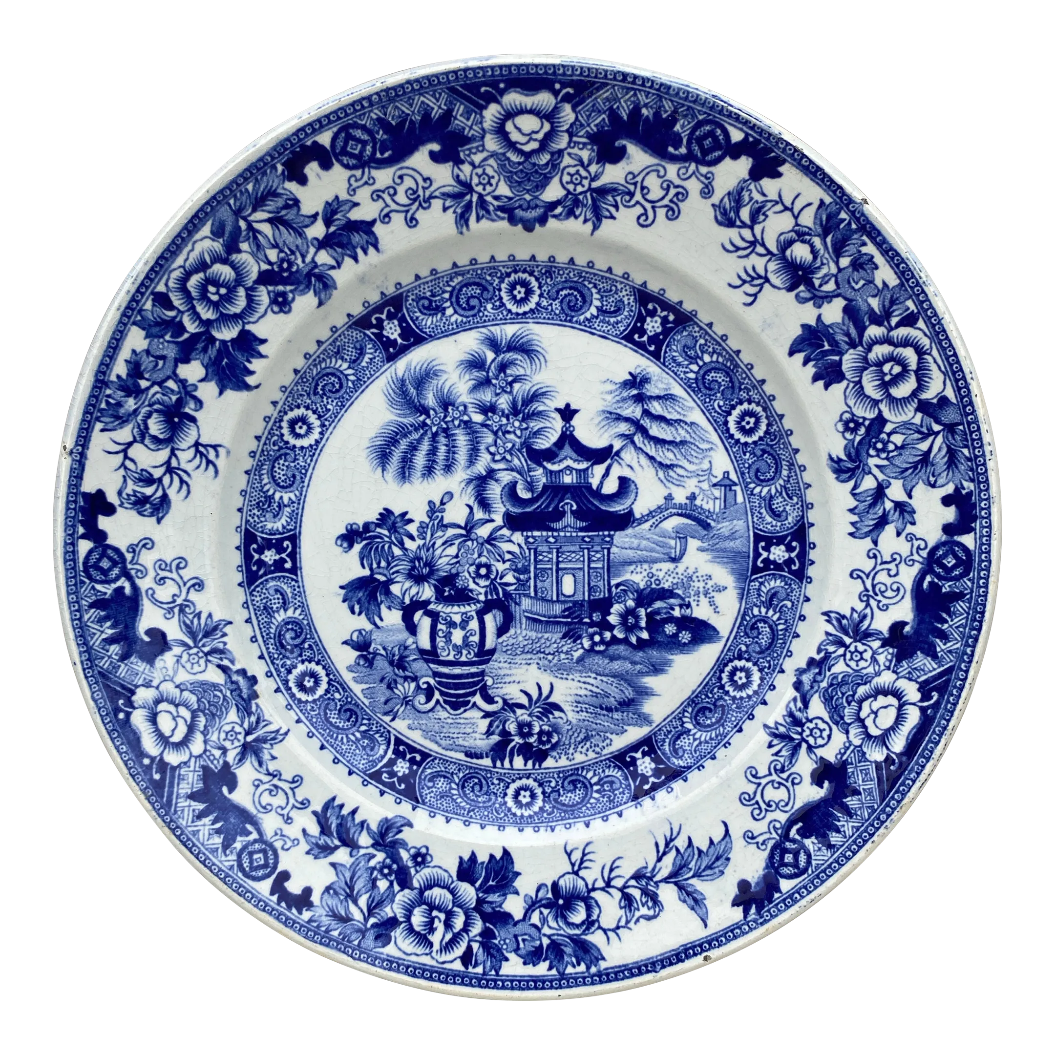 19th Century French Blue & White Pagoda Plate Creil Et Montereau | Chairish