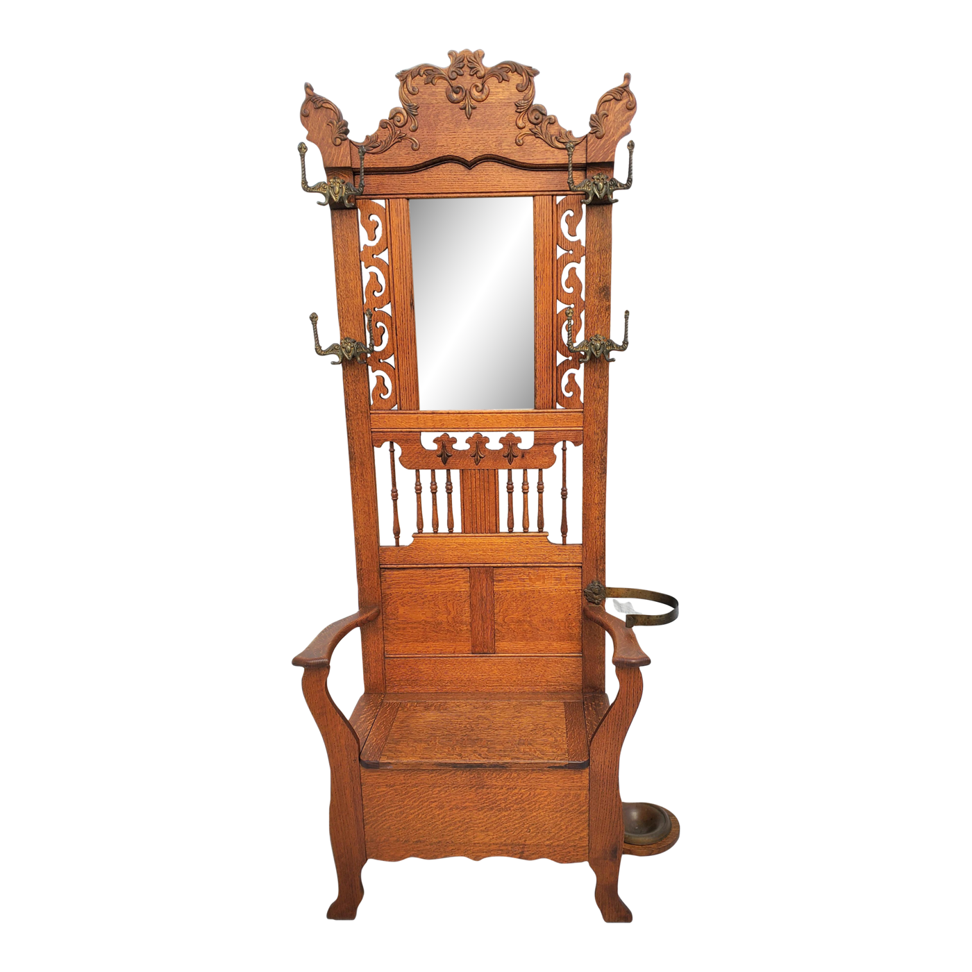 Antique 1900s American Oak Hall Seat / Hall Tree With Hooks, Mirror ...