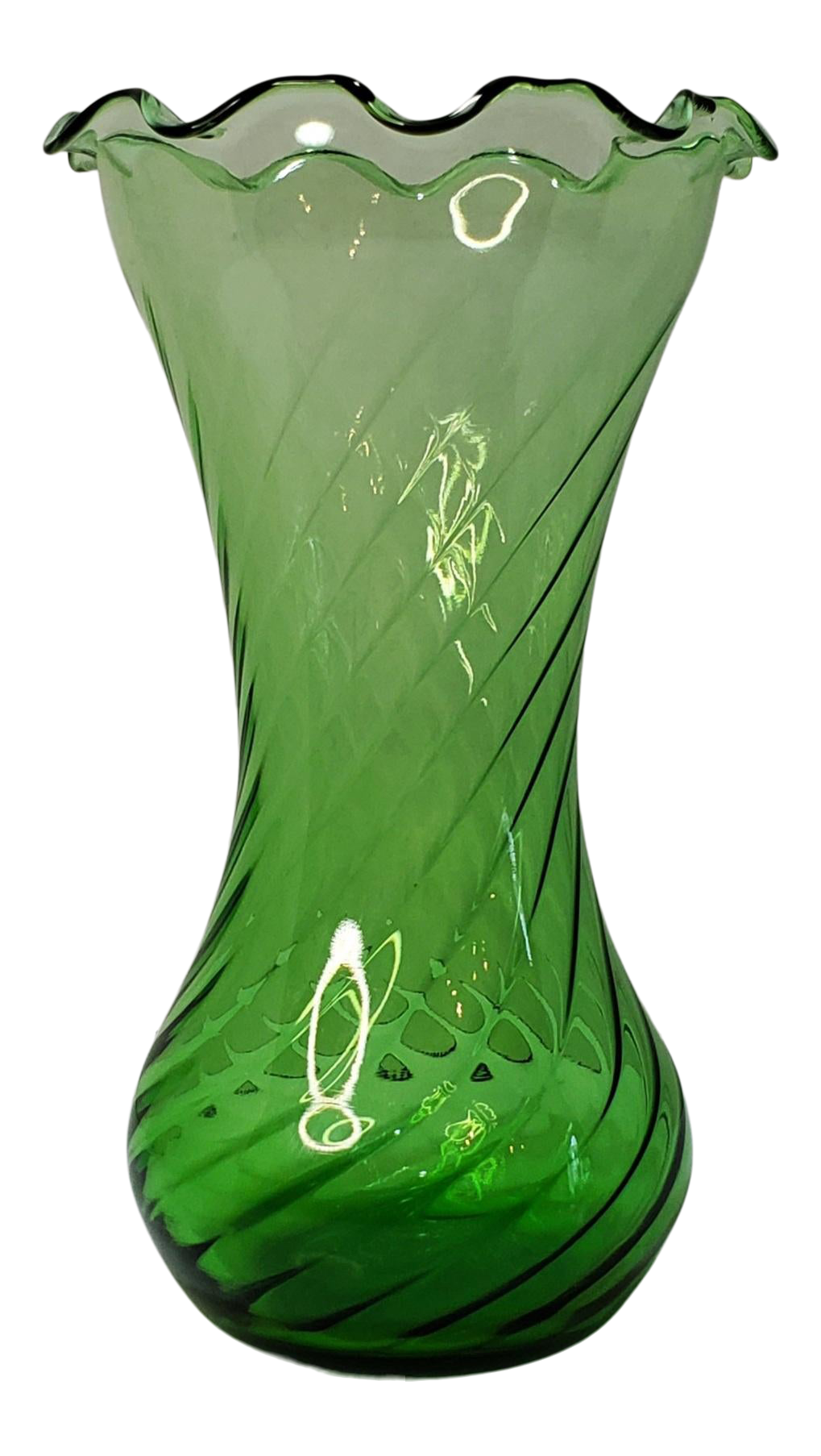 Mid Century Ruffle Edge Swirl Optic Green Glass Vase Chairish