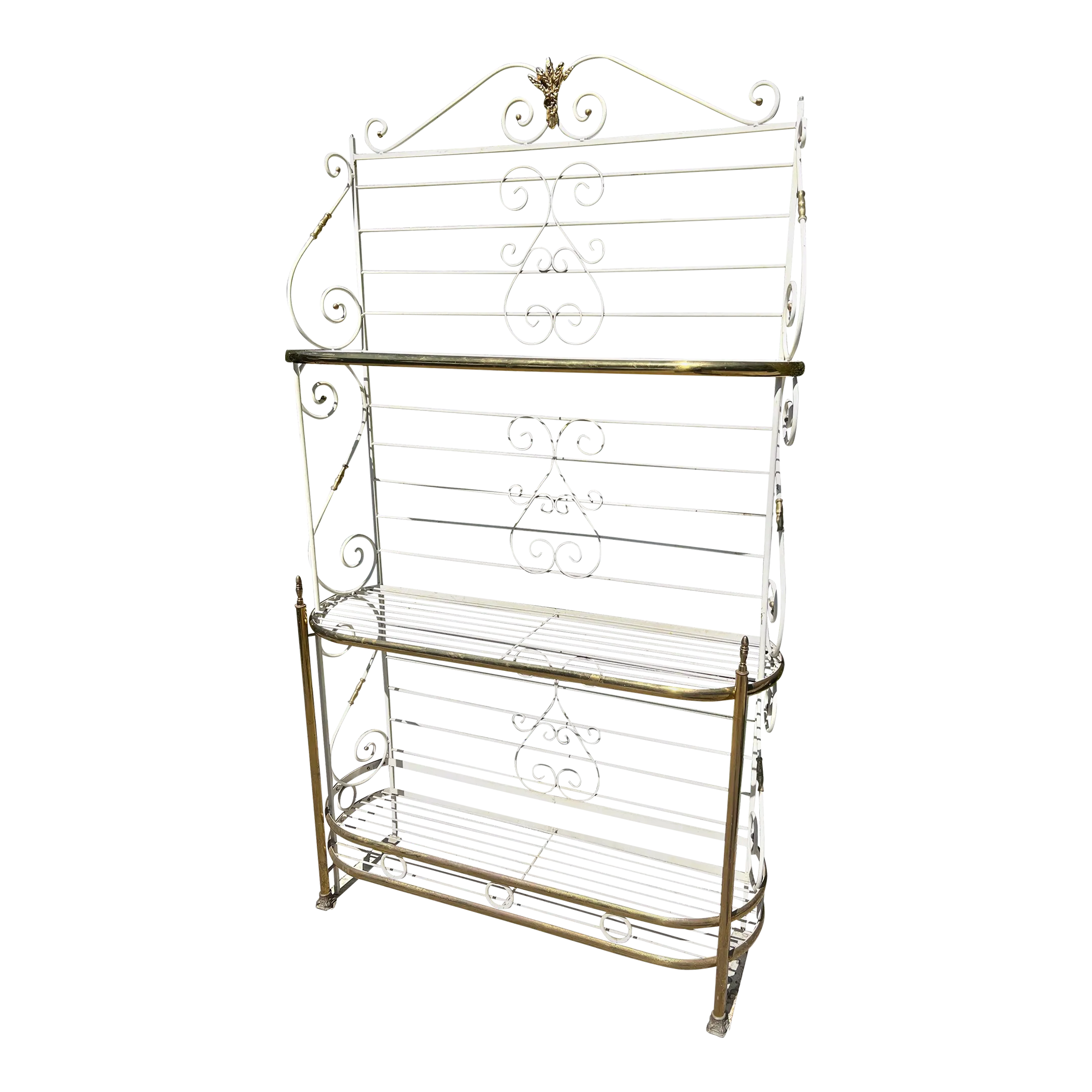 Three Shelf White Metal Bakers Rack with Brass Accents | Chairish