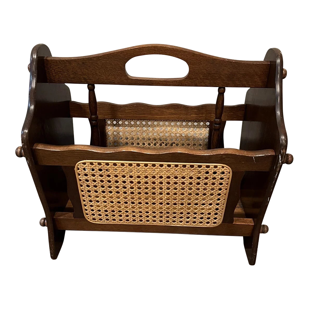 1990s Vintage Oak Wood Woven Wicker Rattan Cane Magazine Rack Holder ...