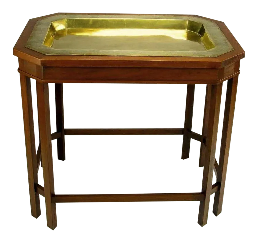 Mahogany Canted Corner Table With Inset Reticulated Brass Tray | Chairish