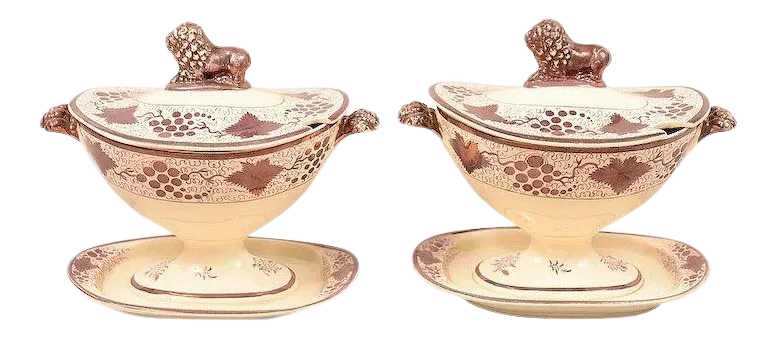 Thomas Lakin Creamware Urn Form Pink Luster Sauce Tureens with Lion ...