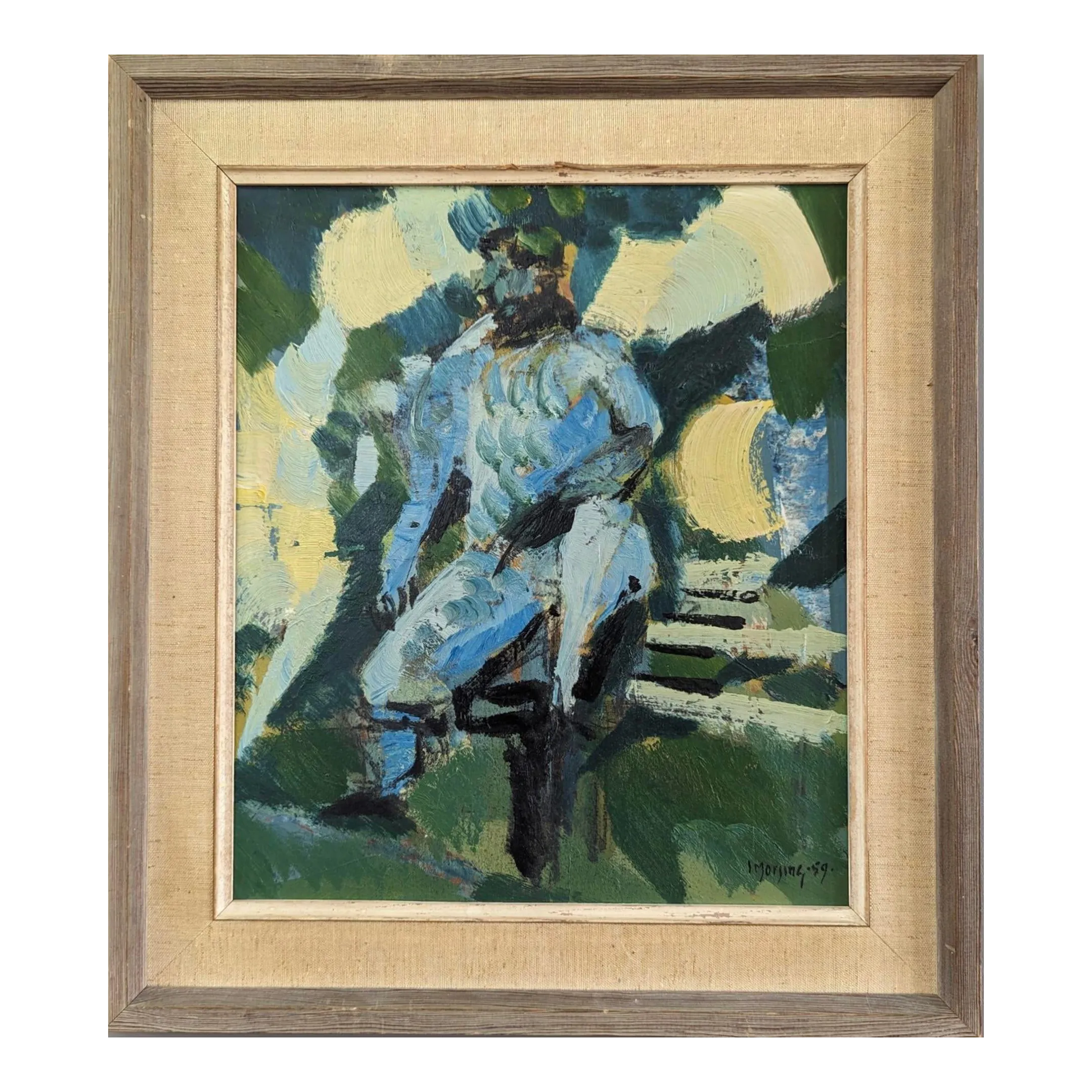 Mid-Century Modern Swedish "Man on a Bench" Vintage Abstract Figurative ...