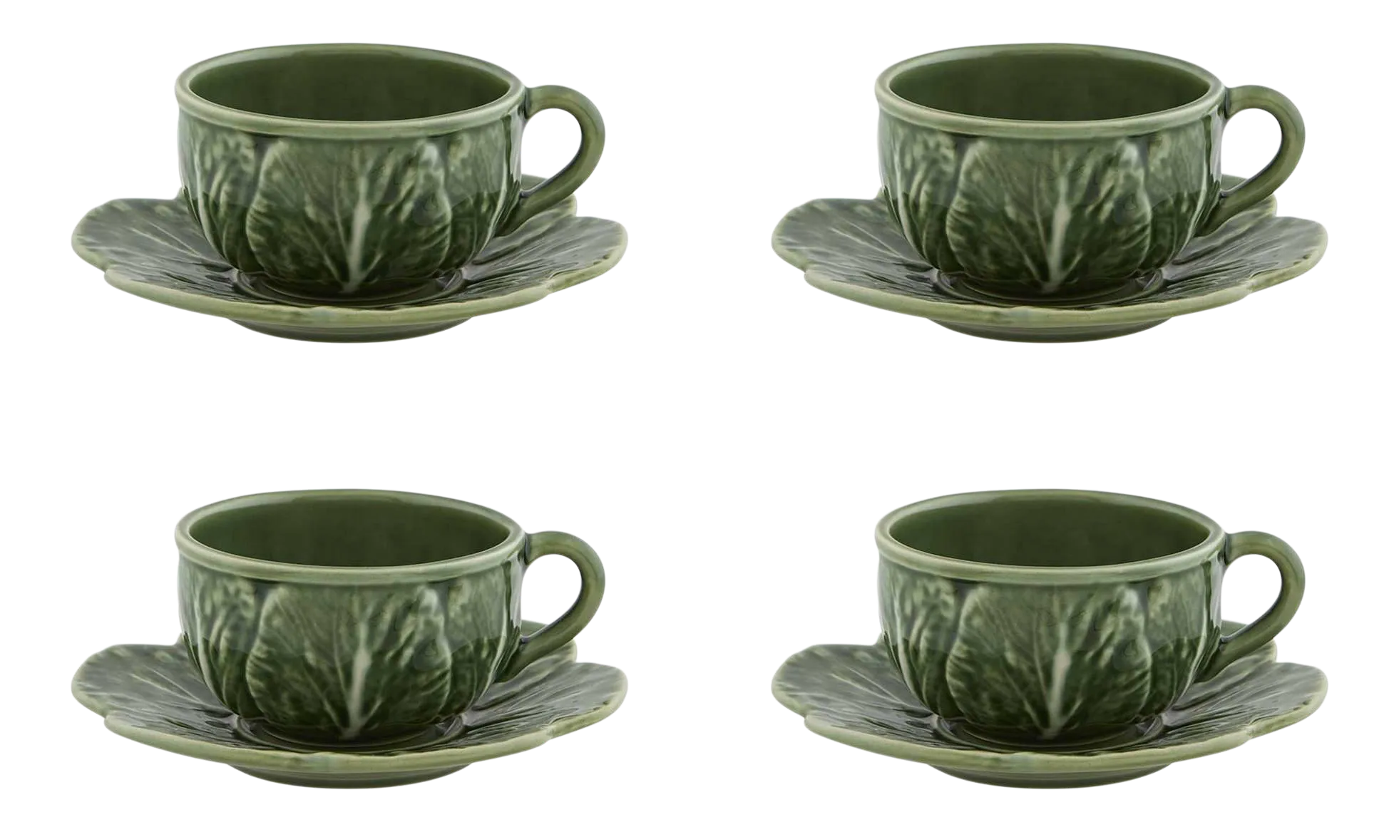 Bordallo Pinheiro Cabbage Tea Cup & Saucer, Green, Set of 4 | Chairish
