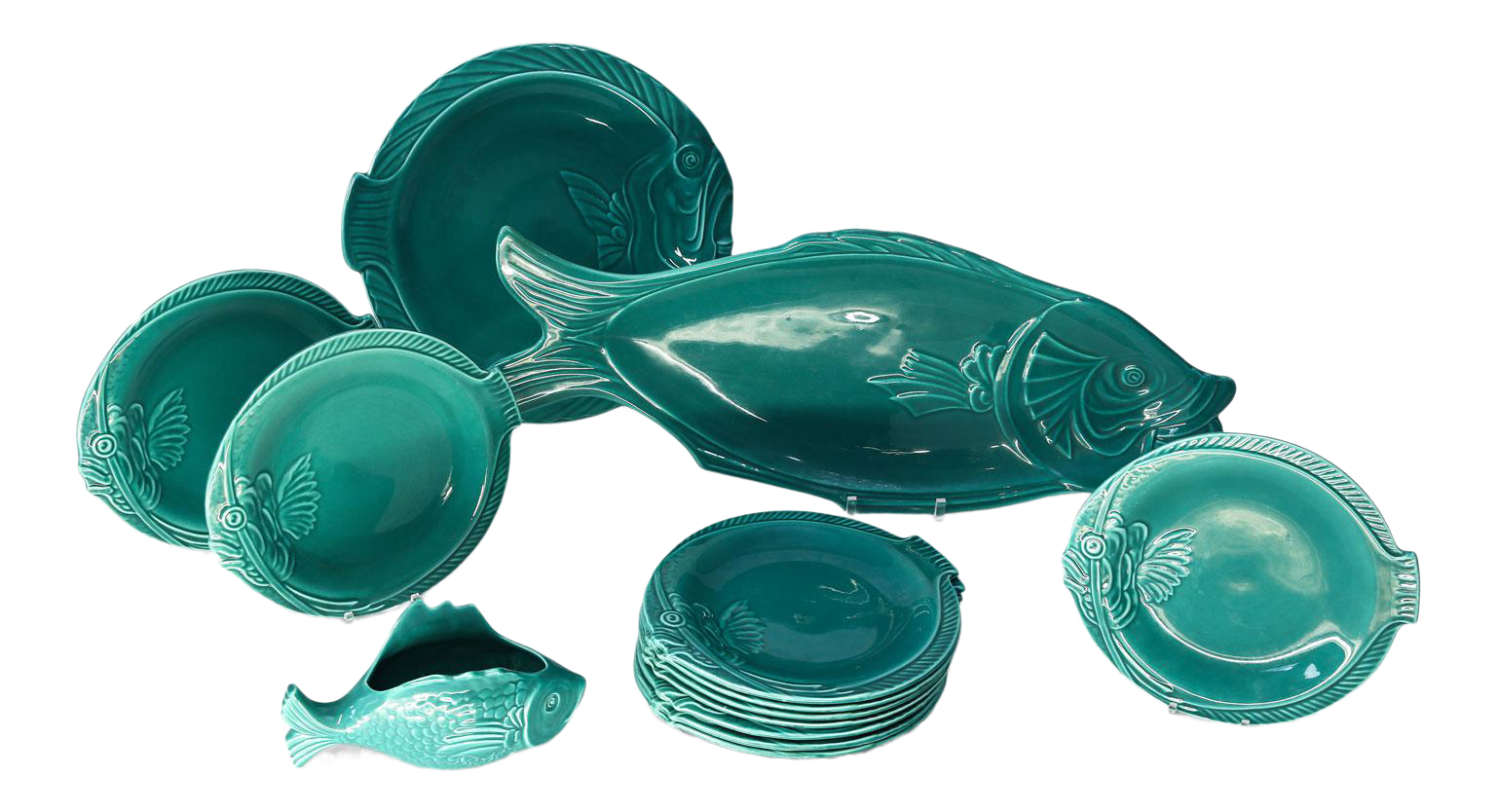 Set of Teal Fish-Shape Ceramic Dishes | Chairish