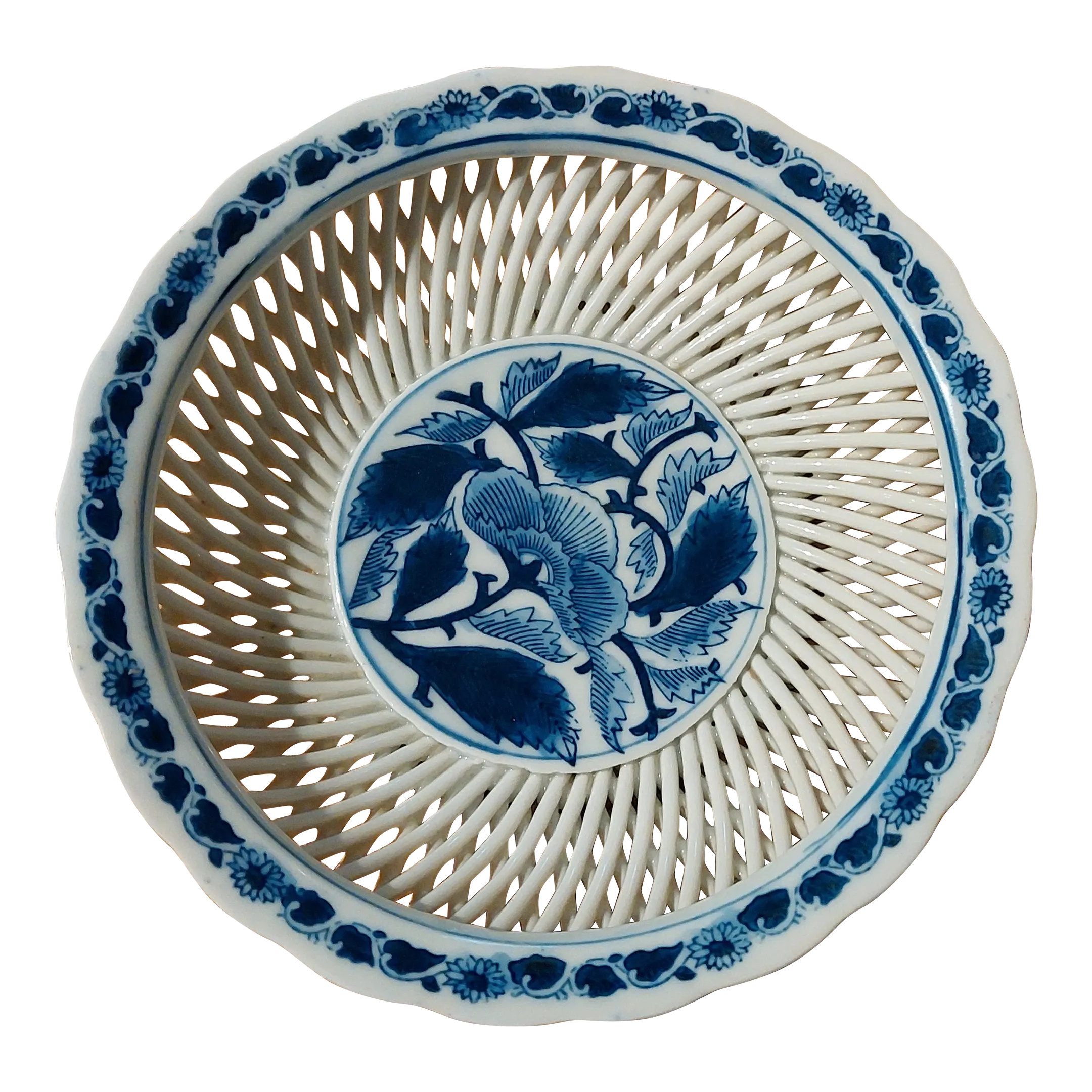 Mid 20th Century Asian Blue White Dish Signed in Japanese Kanji | Chairish