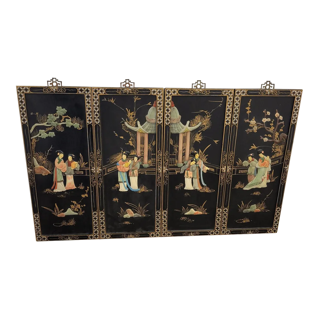 Vintage Japanese Black Lacquer and Stone Wood Wall Panels. | Chairish