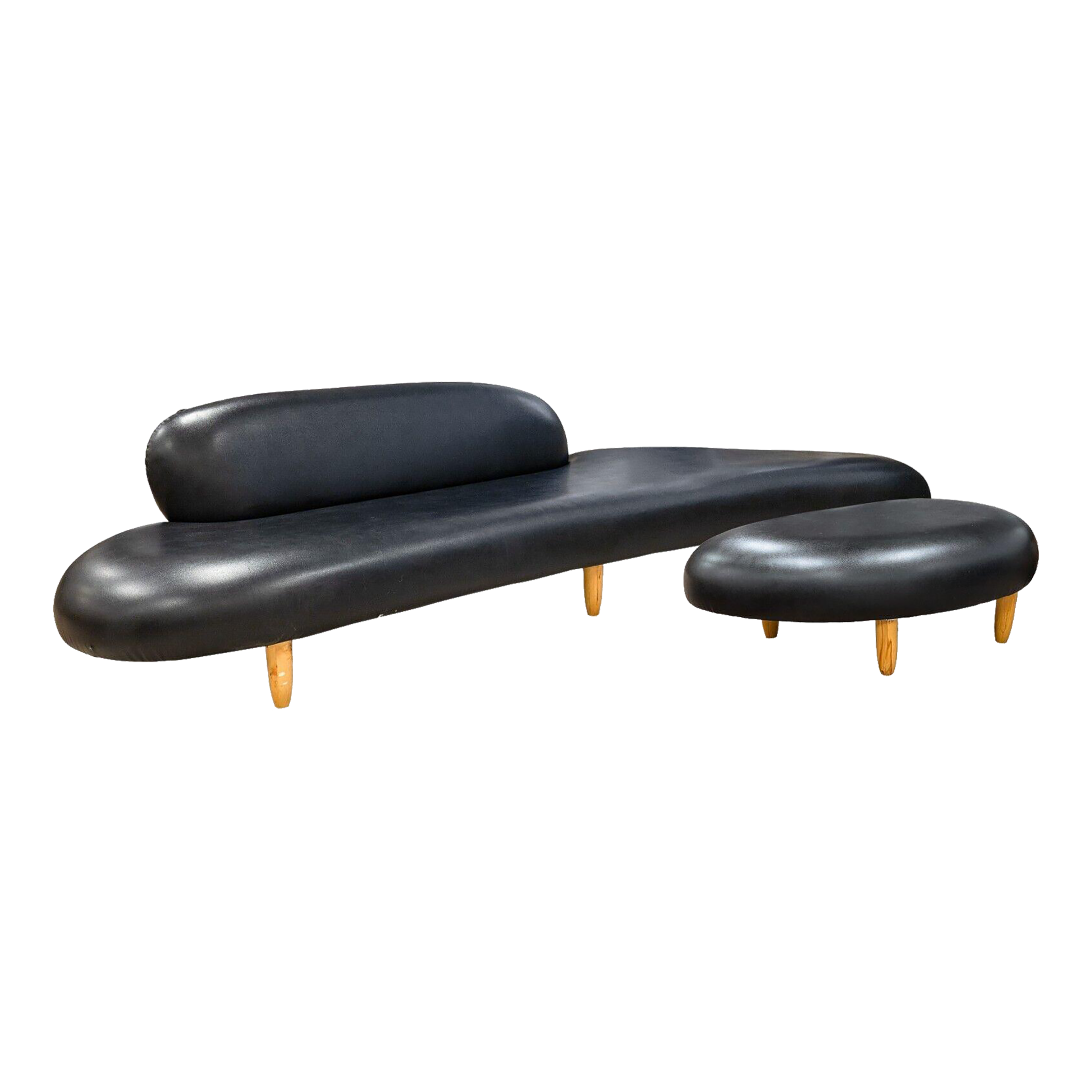 Isamu Noguchi Style Freeform Black Leather Sofa and Ottoman Attributed ...