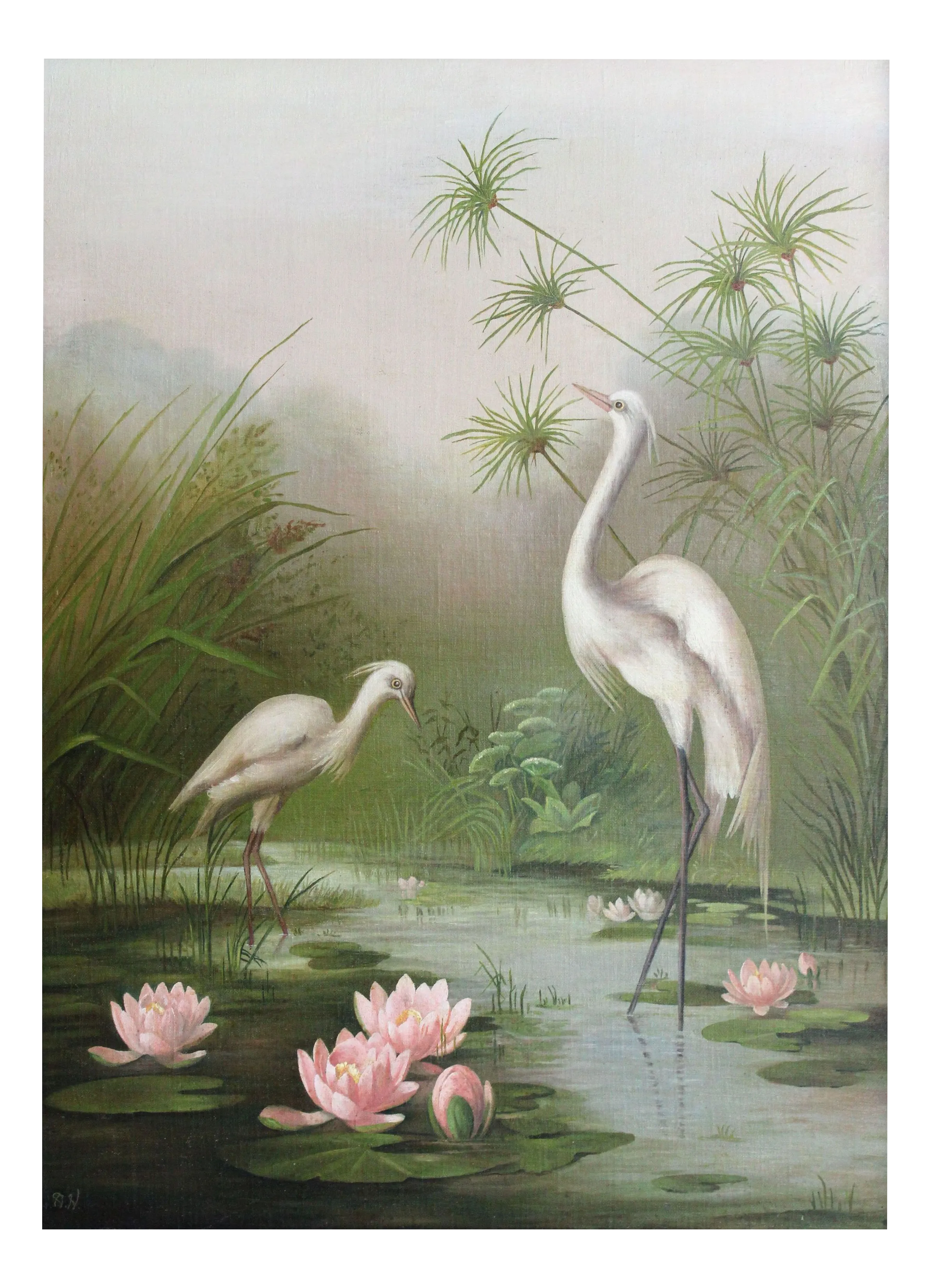 Cranes, Scene with Birds, Early 20th Century, Oil Painting | Chairish