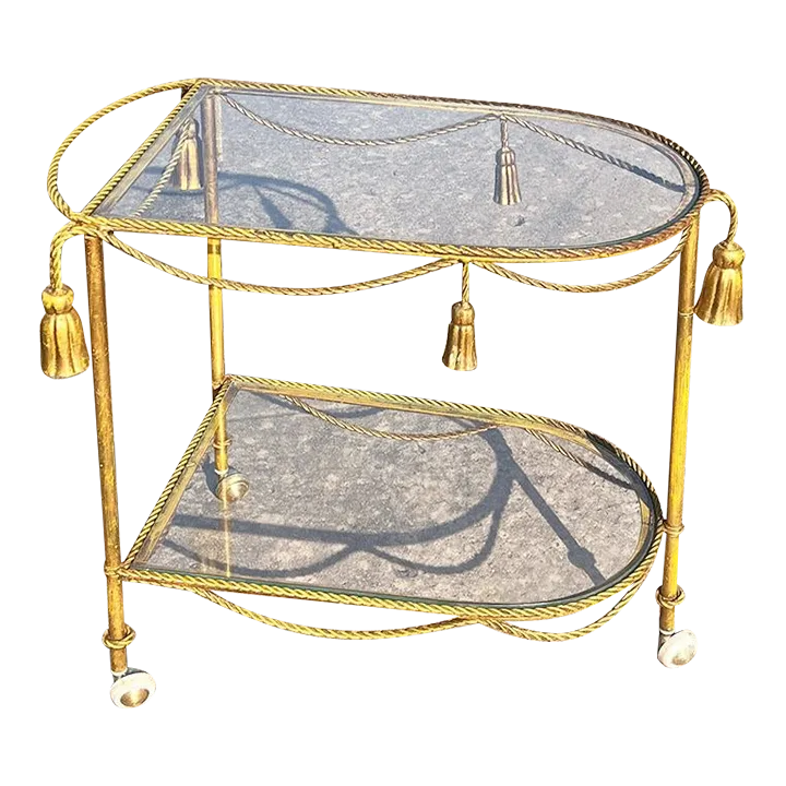 1970s Hollywood Regency Gold Tassel Motif Rolling Bar Cart With Double ...