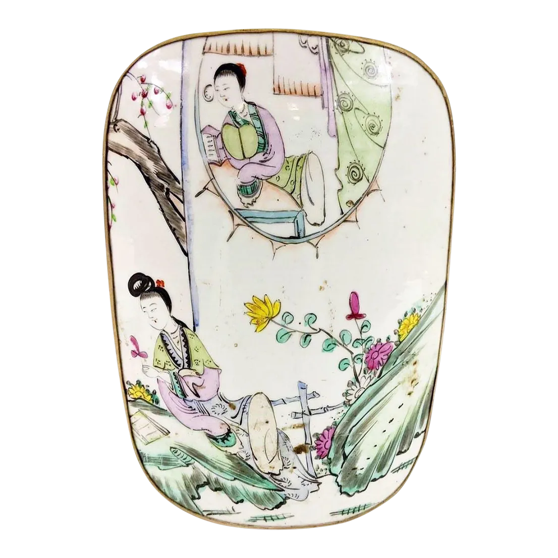 19th Century Large Chinese Porcelain Shard Box of Ladies in a Garden ...