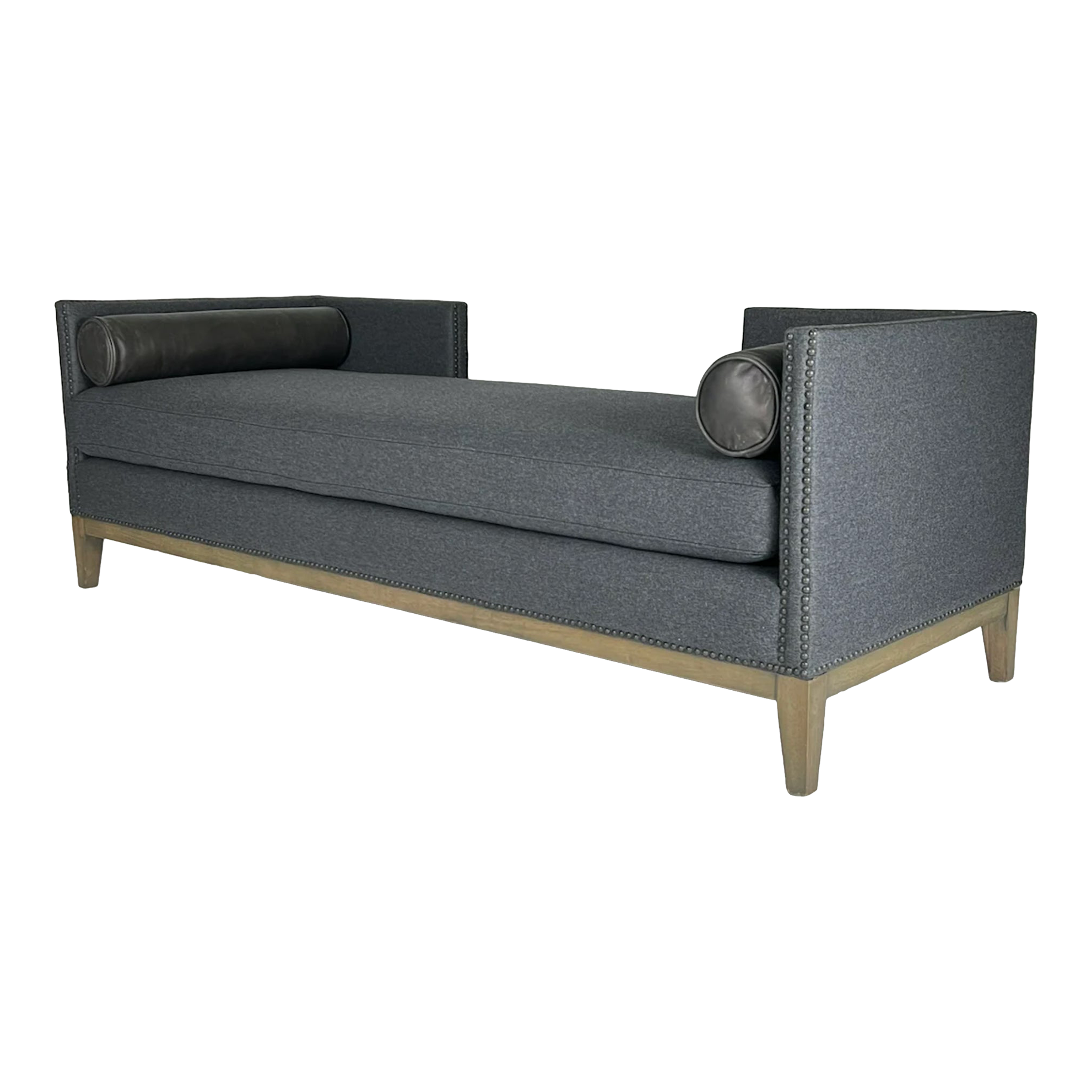 Double Chaise in Charcoal Felt With Bronze Nailhead Trim, Weathered Oak ...