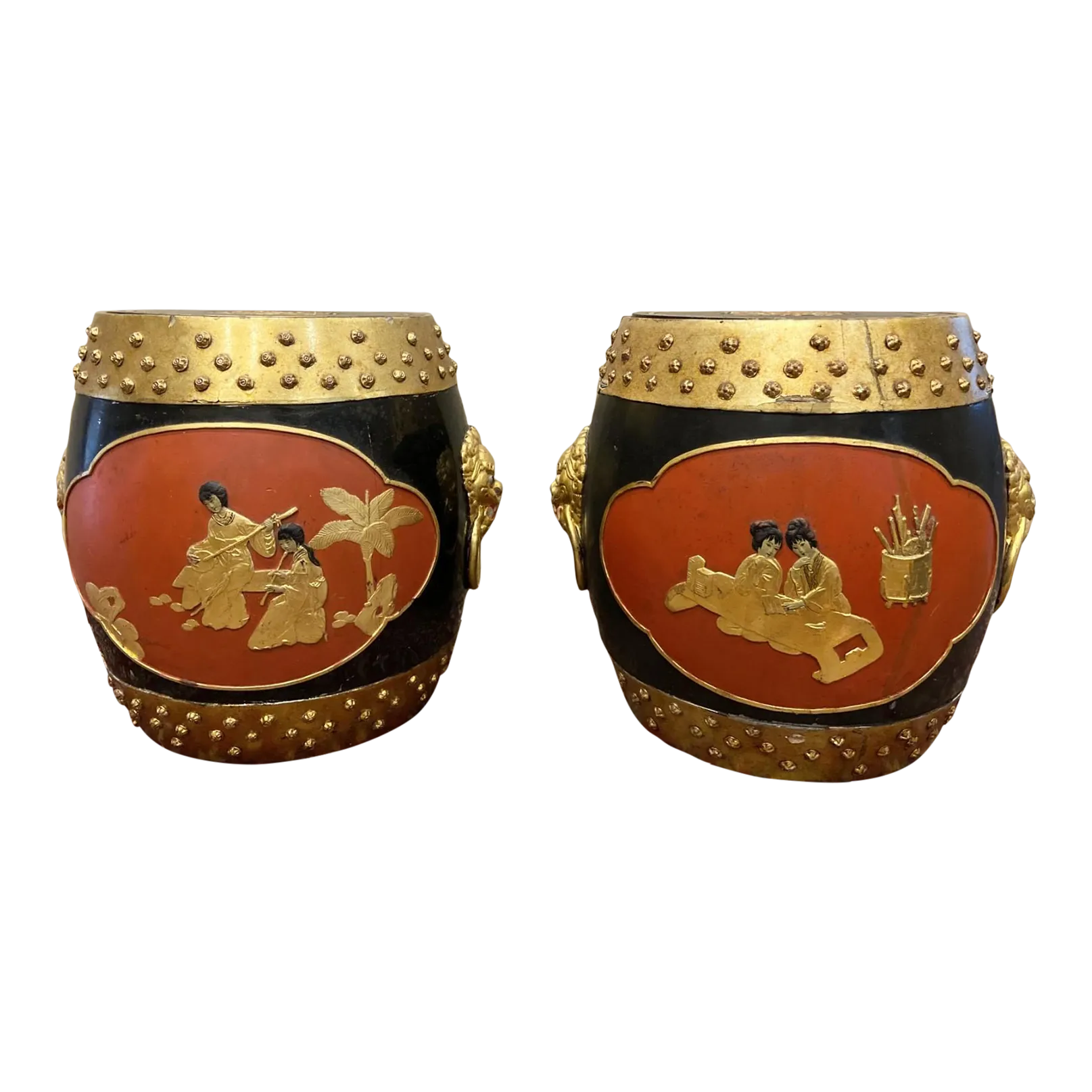 Antique Japanese Painted Wooden Rice Barrels—A Pair | Chairish