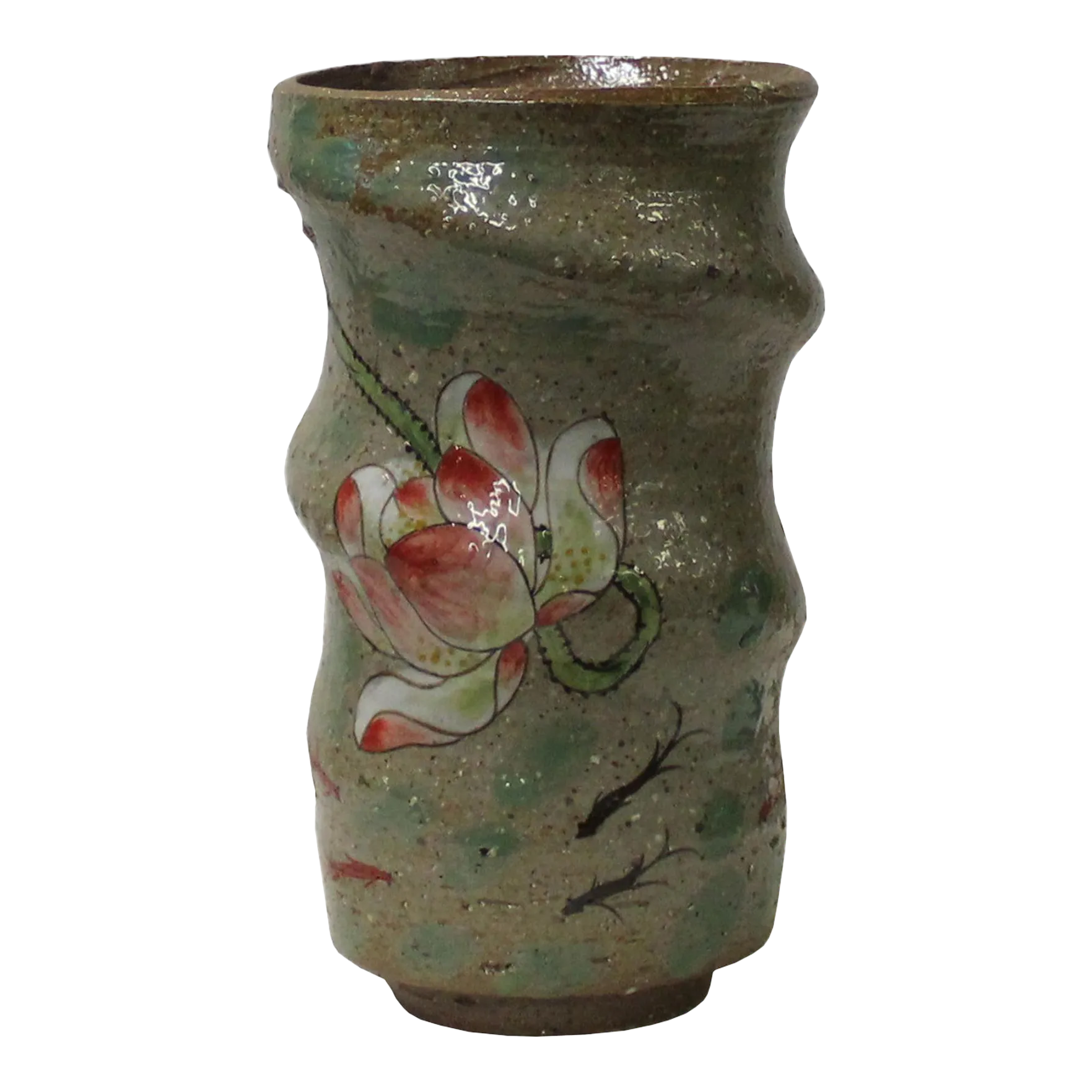 Handmade Ceramic Brown Gray Lotus Flower Graphic Jar Vase | Chairish