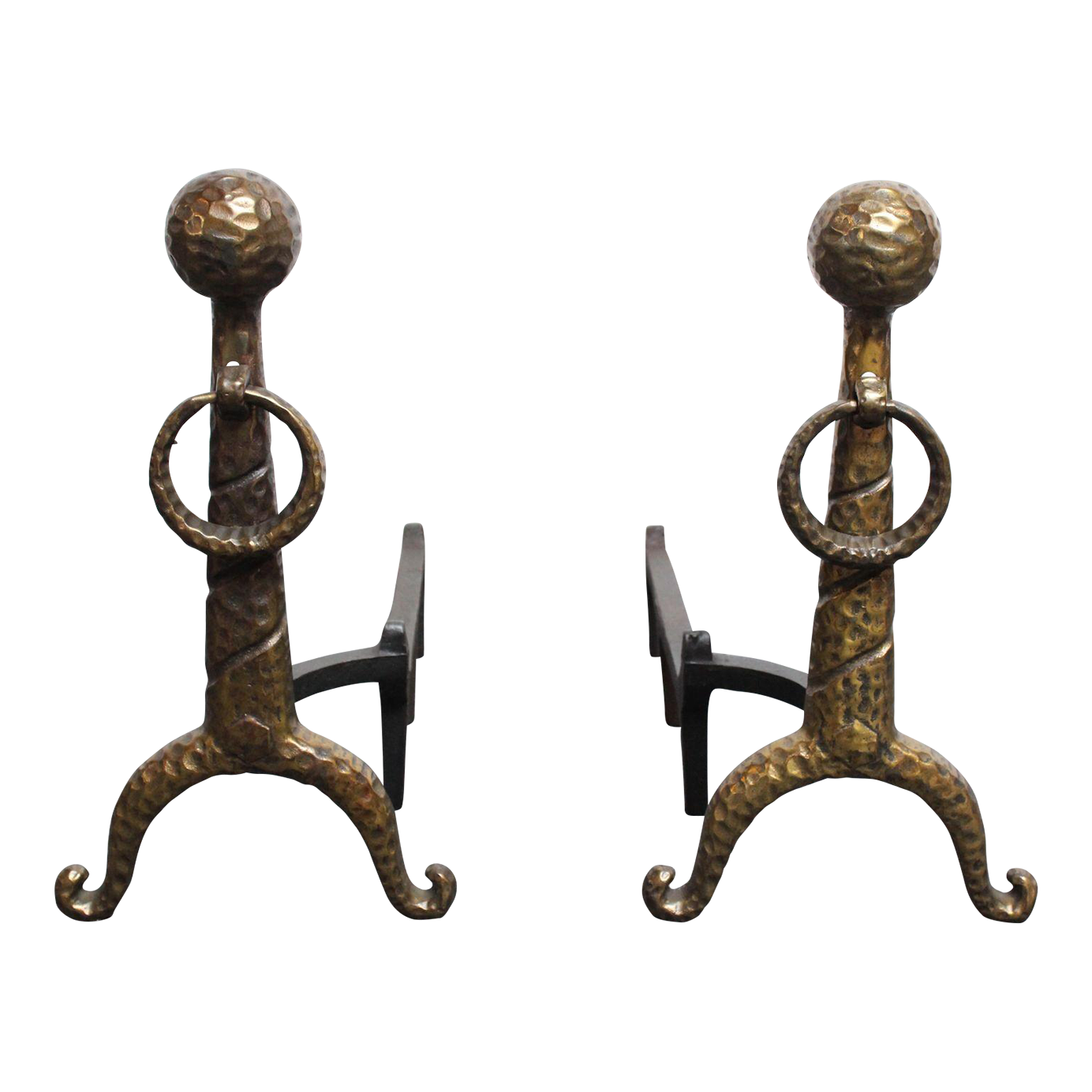 Pair of Arts and Crafts Hammered Cast-Metal Andirons | Chairish