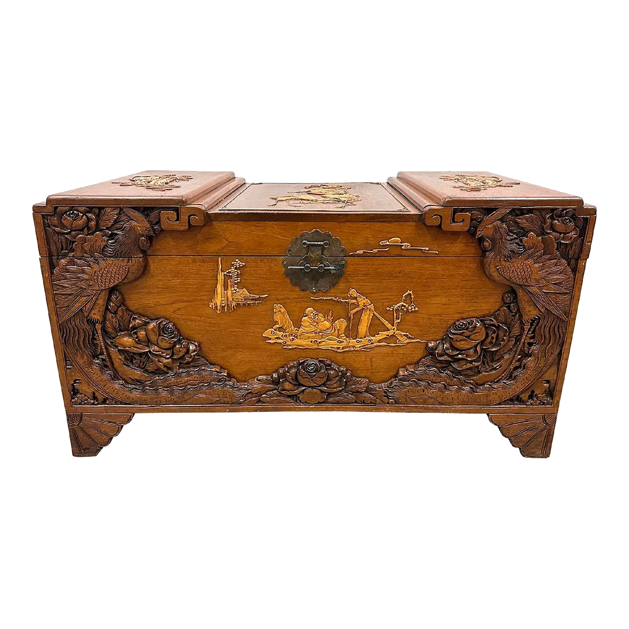 Early 20th Century Chinese Carved Camphor Wood Hope Chest | Chairish