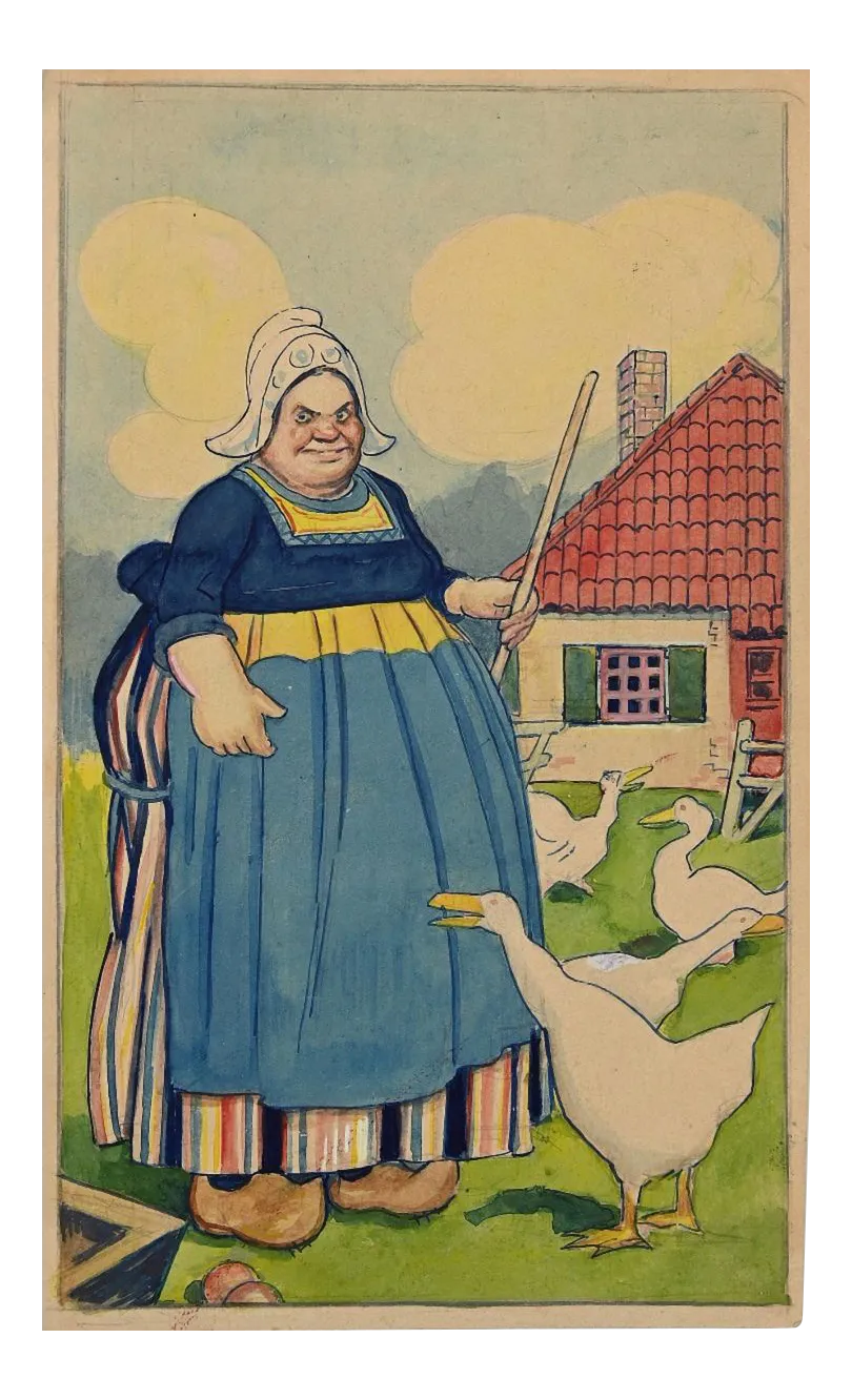 Peasant Woman with Geese, Original Drawing by Gabriele Galantara, 1915 ...