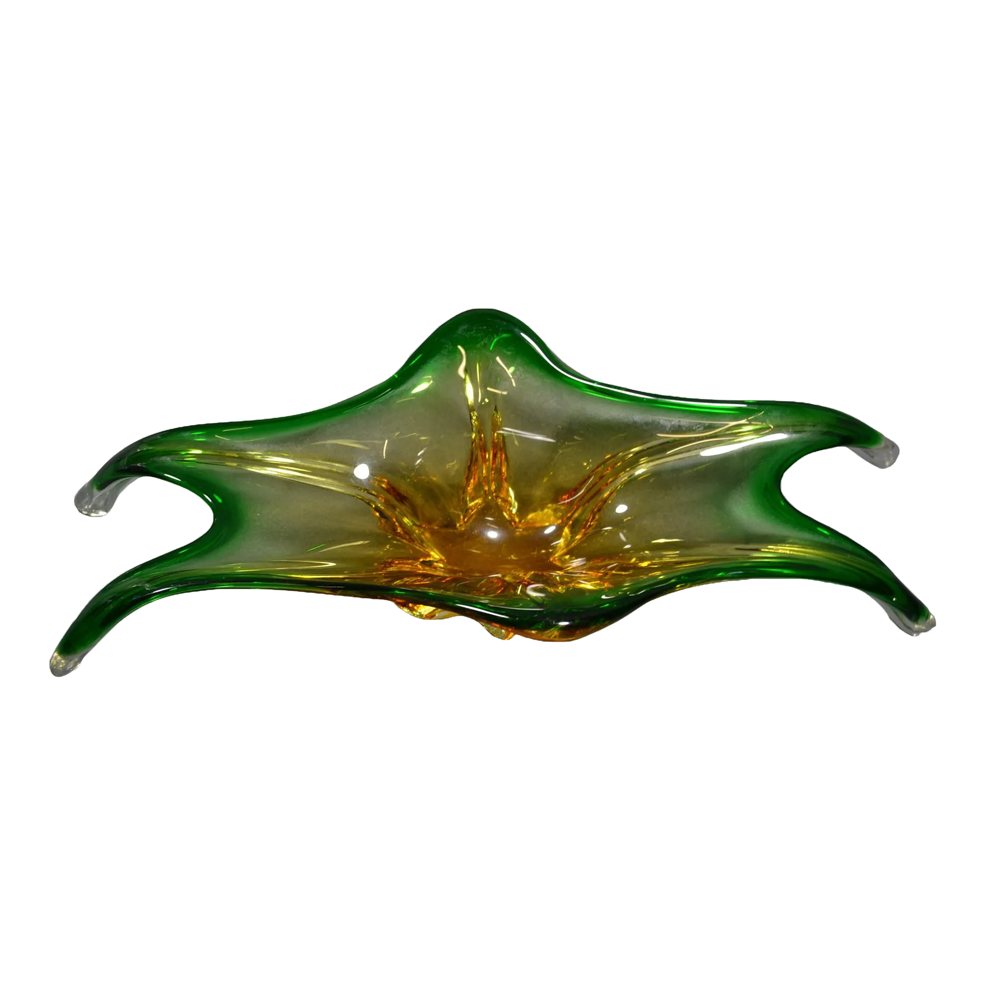 1970s Murano Free-Form Green and Amber Shade Glass Bowl, Signed | Chairish