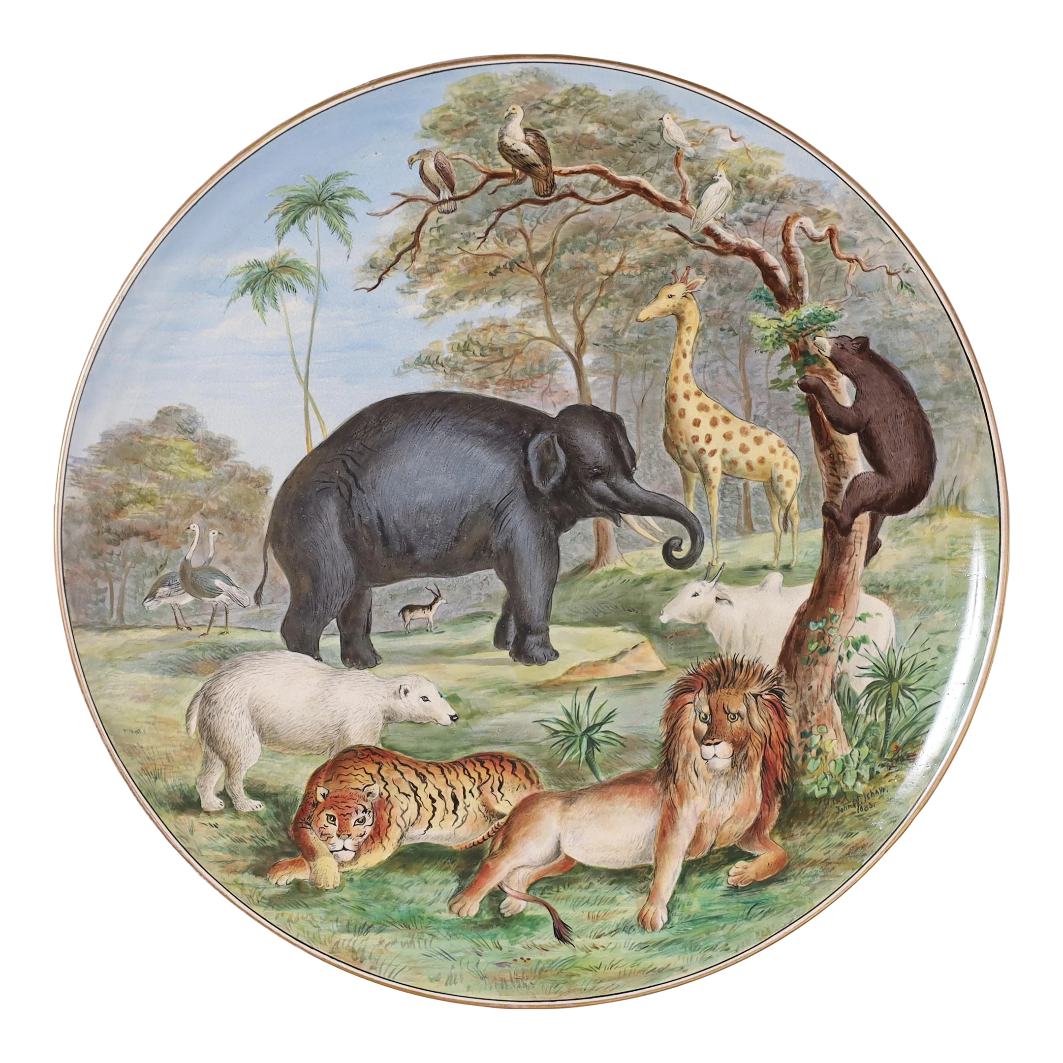 Antique English Hand Painted Charger With Animals | Chairish