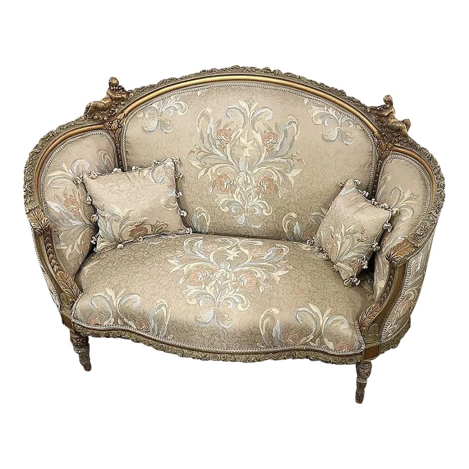 French Style Tan Beige Settee Sofa With Gold Details | Chairish