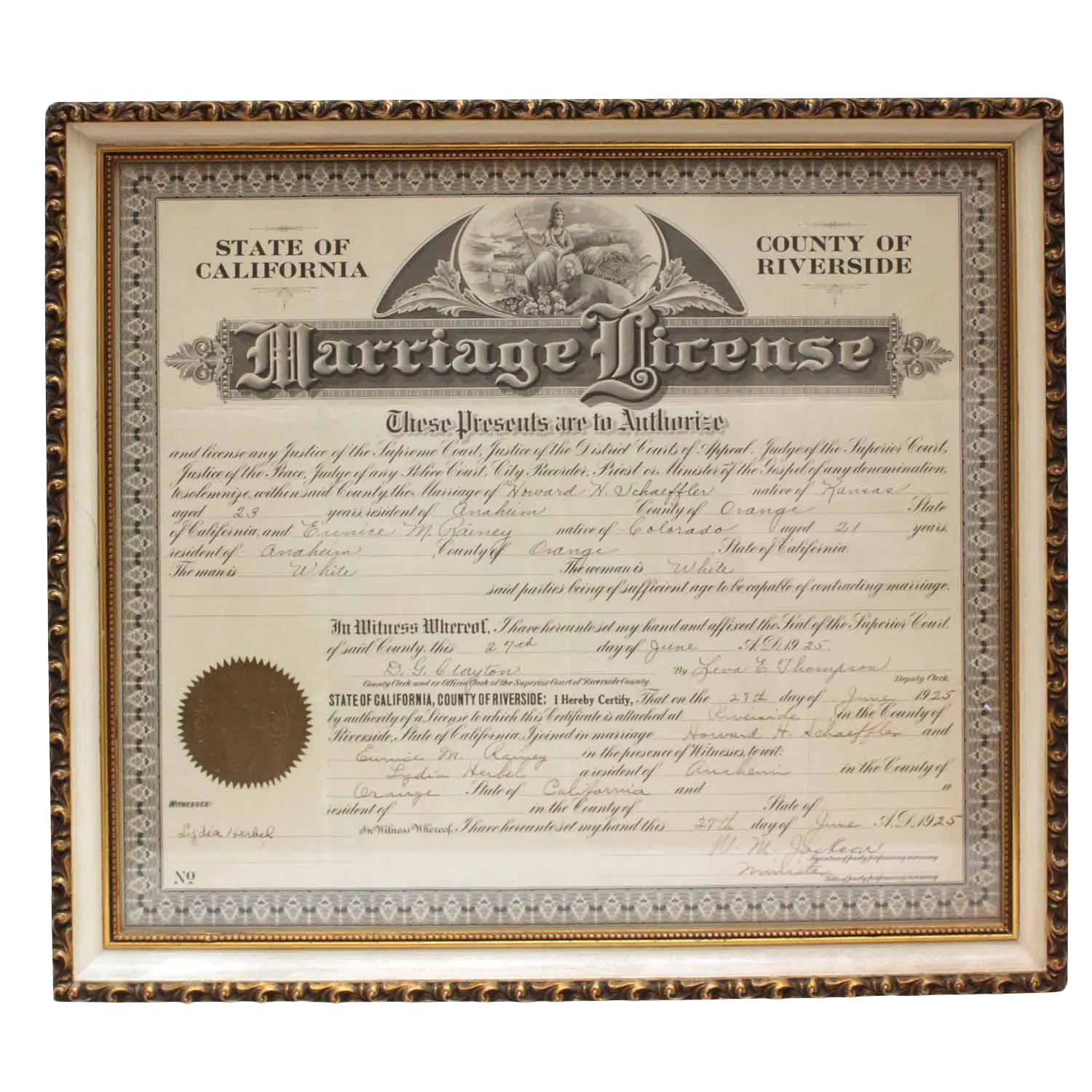 1925 Framed Marriage License | Chairish