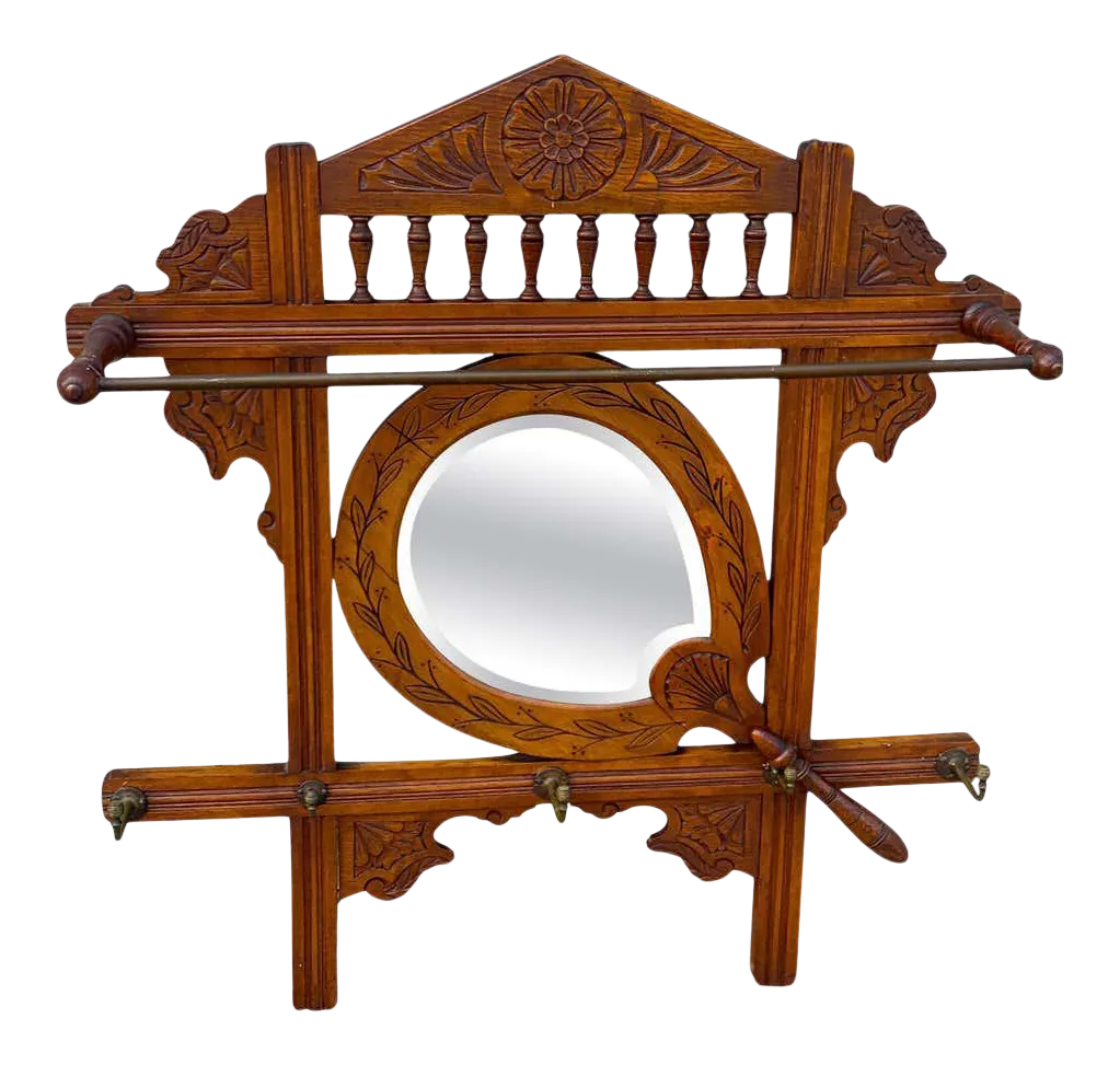 Late 19th Century American Aesthetic Hanging Mirrored Hall Rack | Chairish