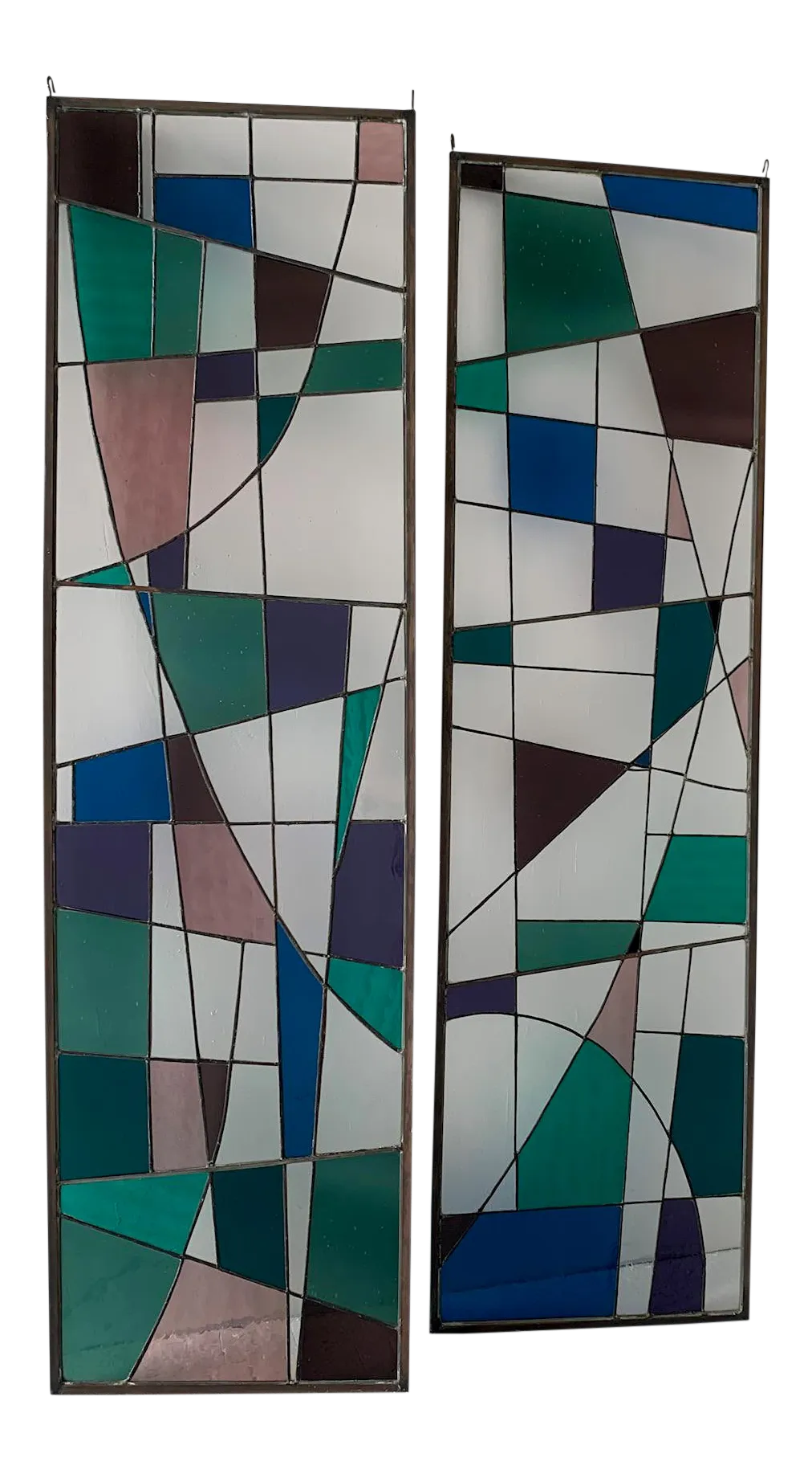 Mid Century Geometric Abstract Stained Glass Panels - a Pair | Chairish