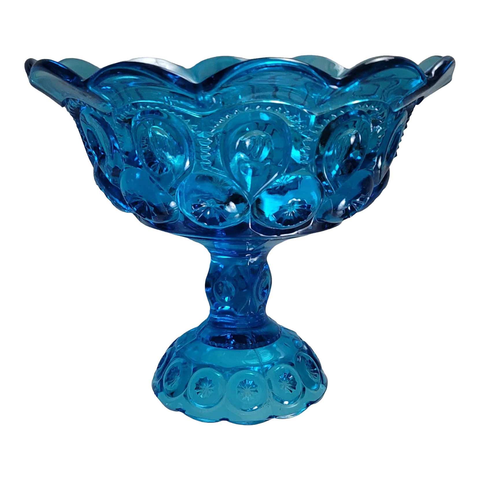 1960's Blue l.e. Smith Moon and Stars Pedestal Compote | Chairish