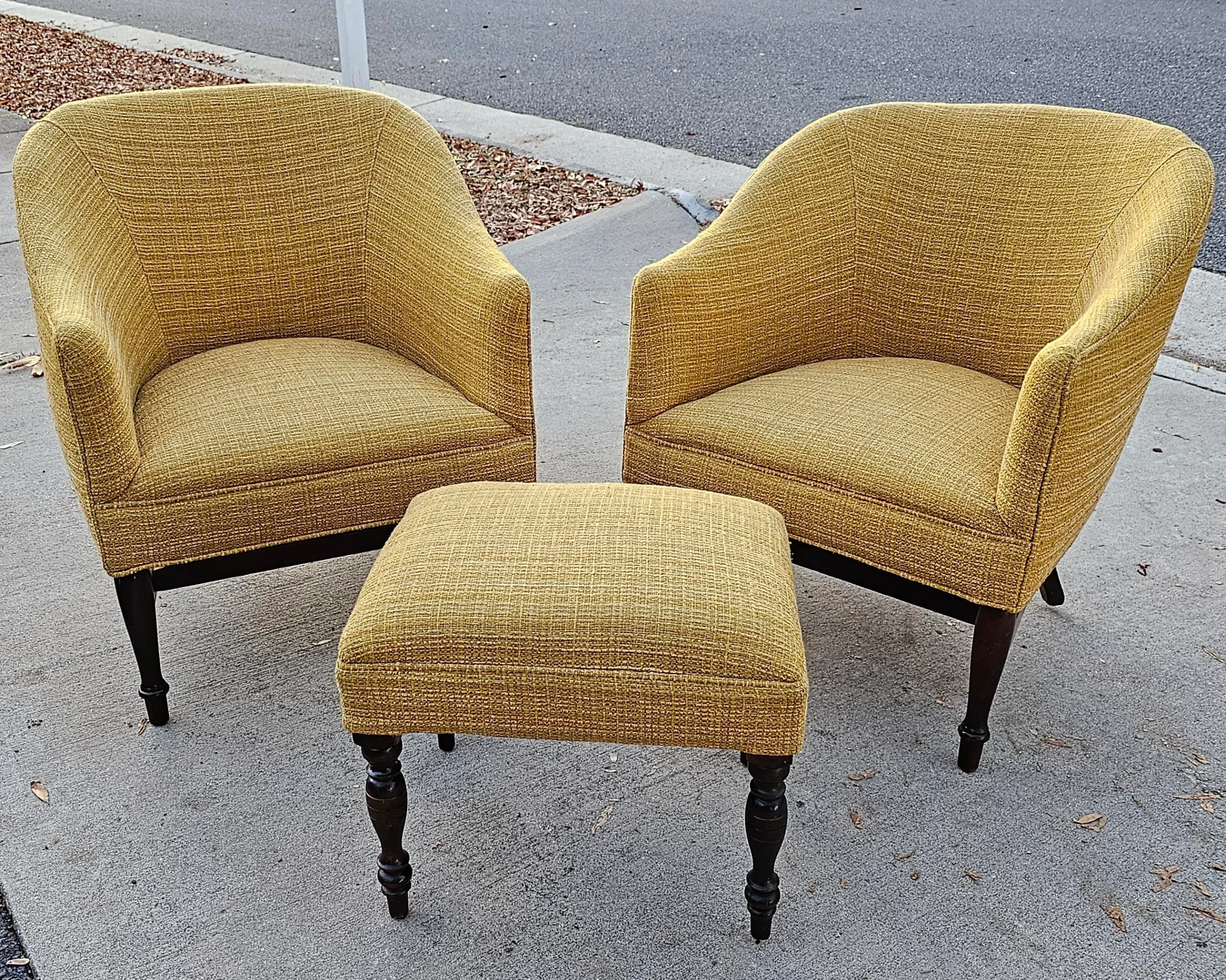 Pair of Mid Century Barrel Chairs and Matching Footstool With Tweed Upholstery and Turned Legs