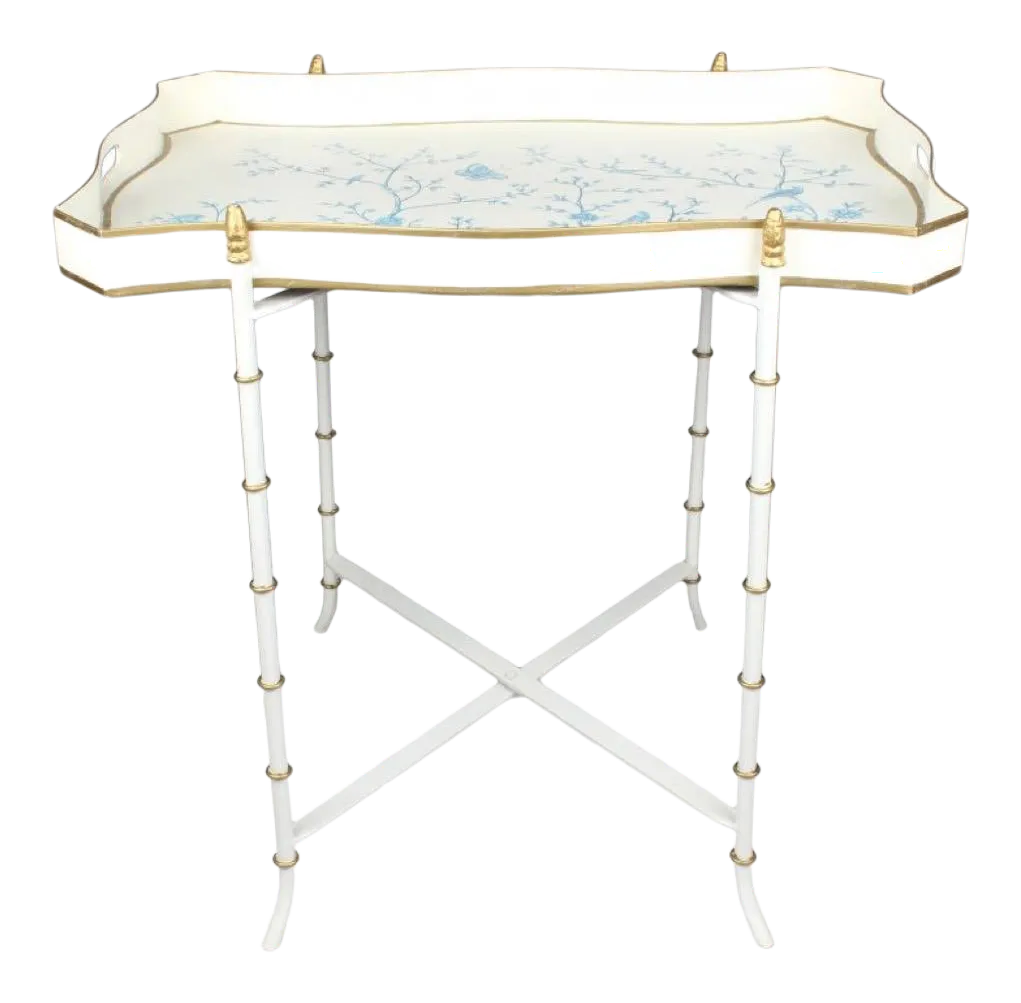 Scalloped Tray Table in Ivory/Blue | Chairish