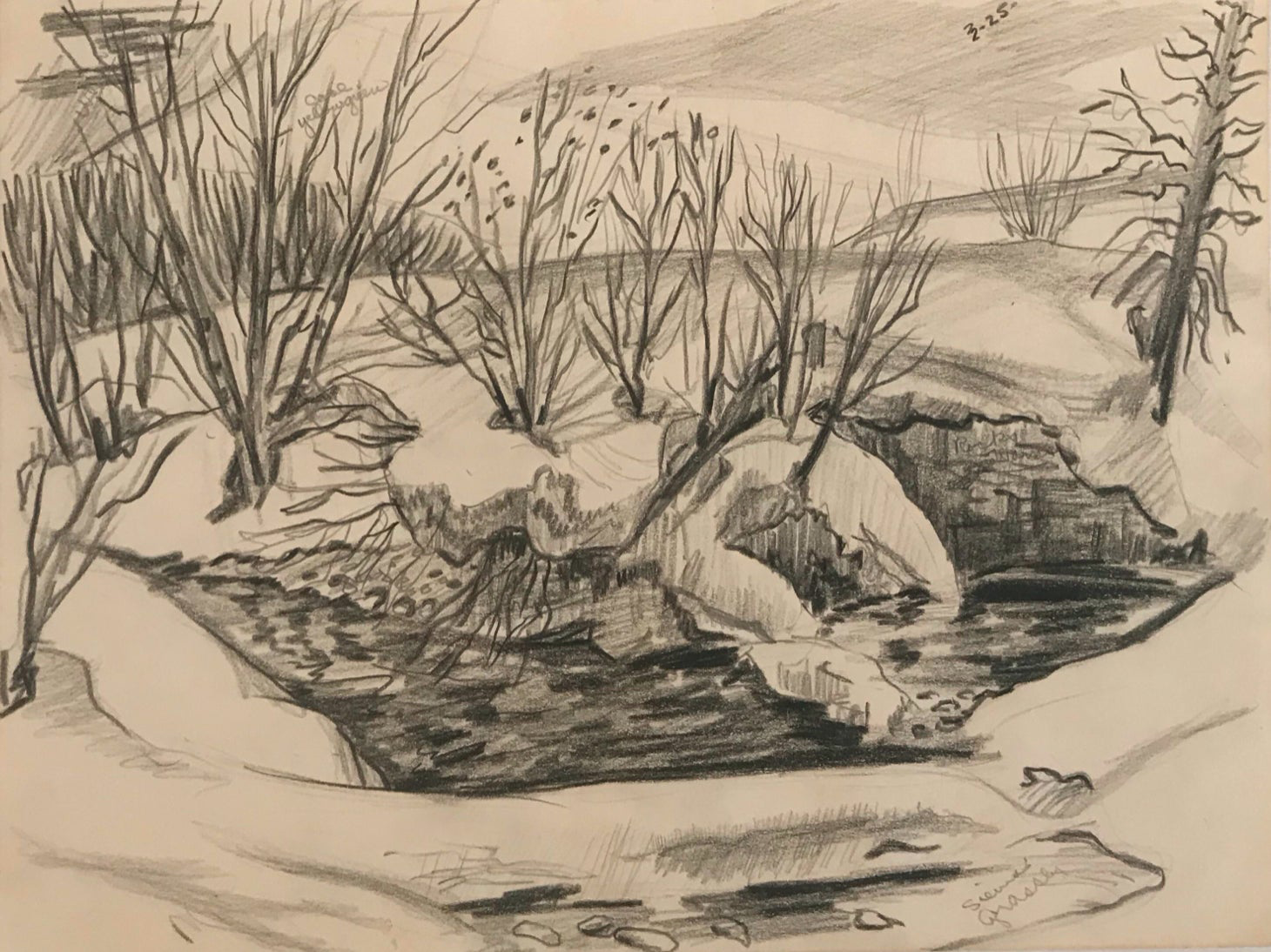 1950s Winter Snow Pond Scene Drawing | Chairish