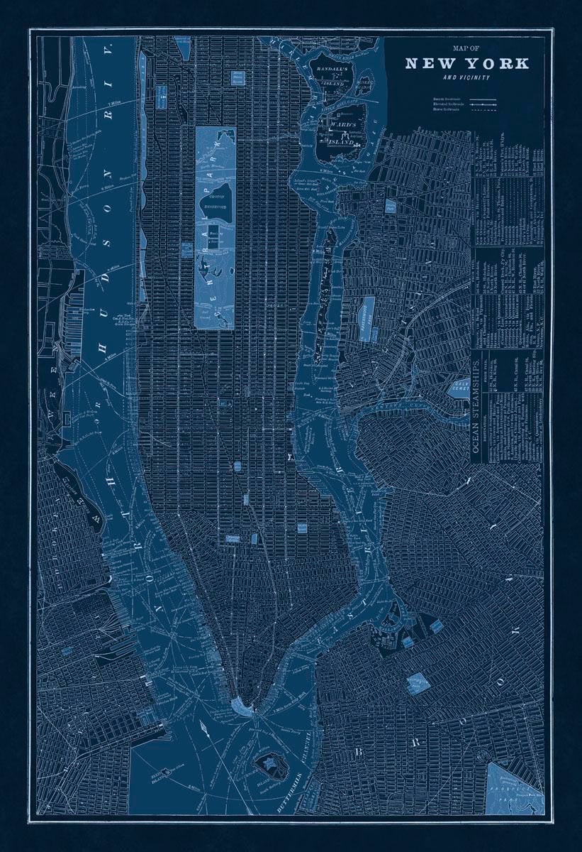 Contemporary Blueprint Map of New York City and Vicinity from 1893 (13 ...