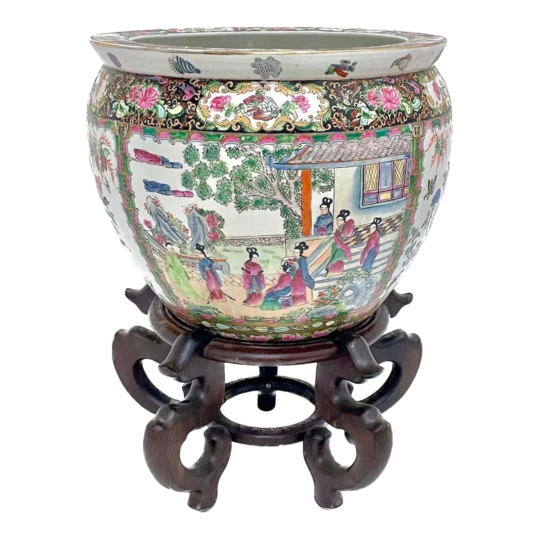 Vintage Chinese Floral & Scenic Fishbowl W/Stand | Chairish