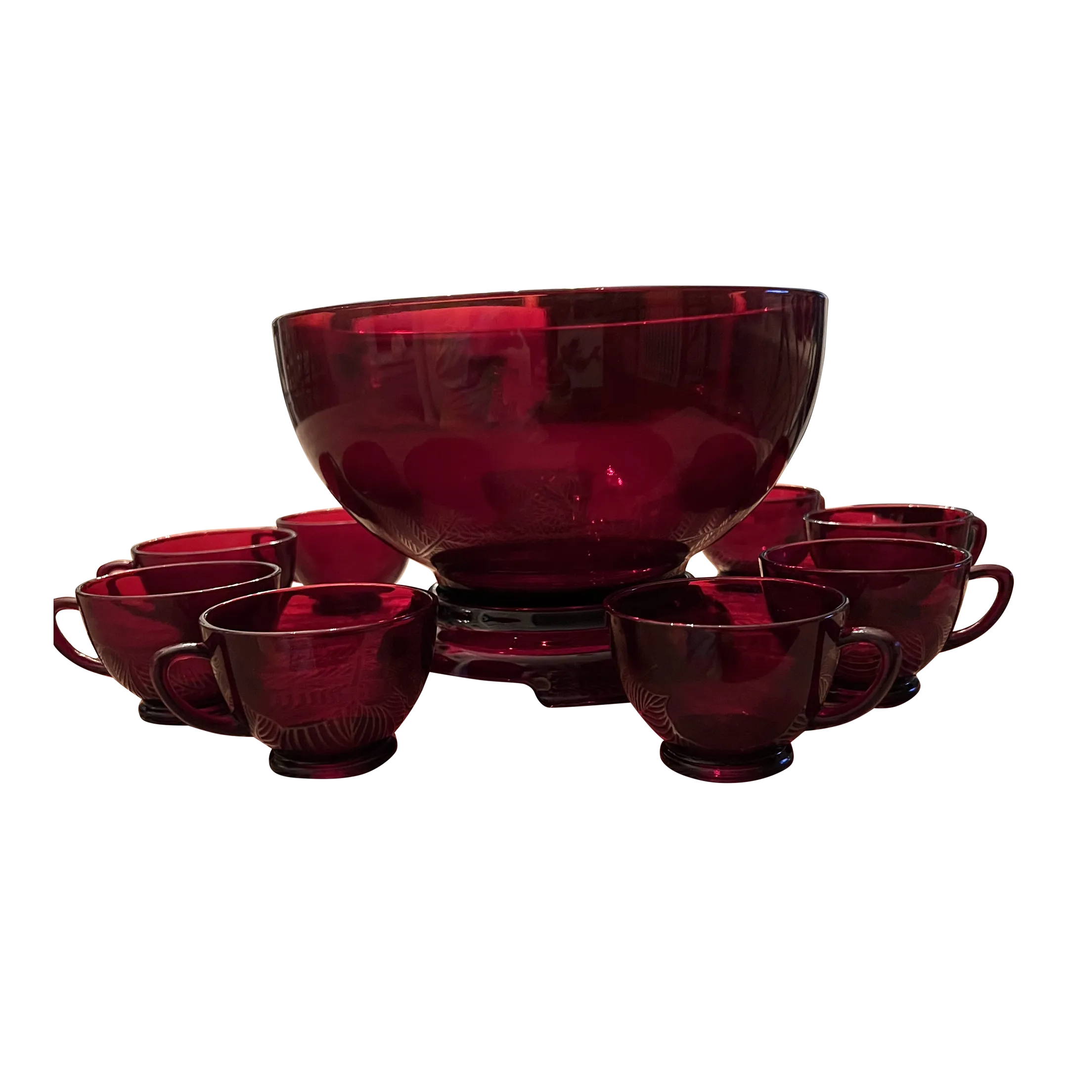 Vintage Royal Red Punch Bowl With Cups and Pedestal- 11 Pieces | Chairish