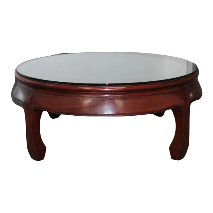 Asian Style Round Coffee Table W/ Glass Top | Chairish