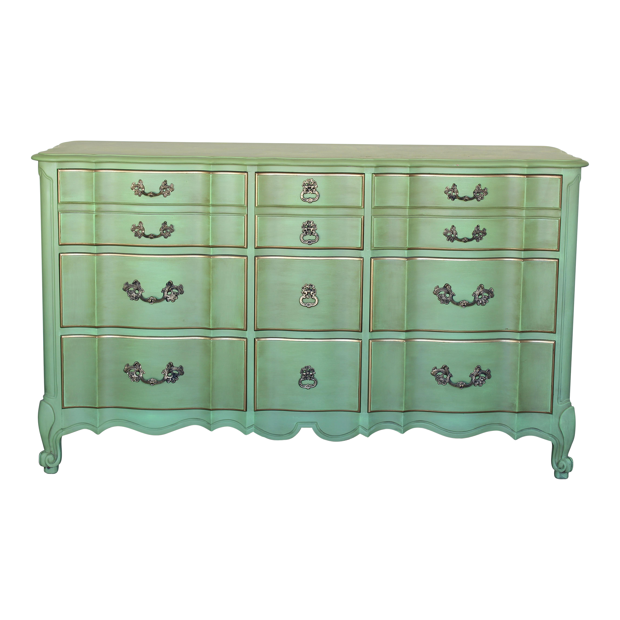 Vintage French Style Mint Green Dresser of Nine Drawers