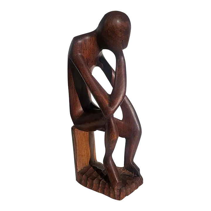 1960s Carved Wood Thinking Man Sculpture | Chairish