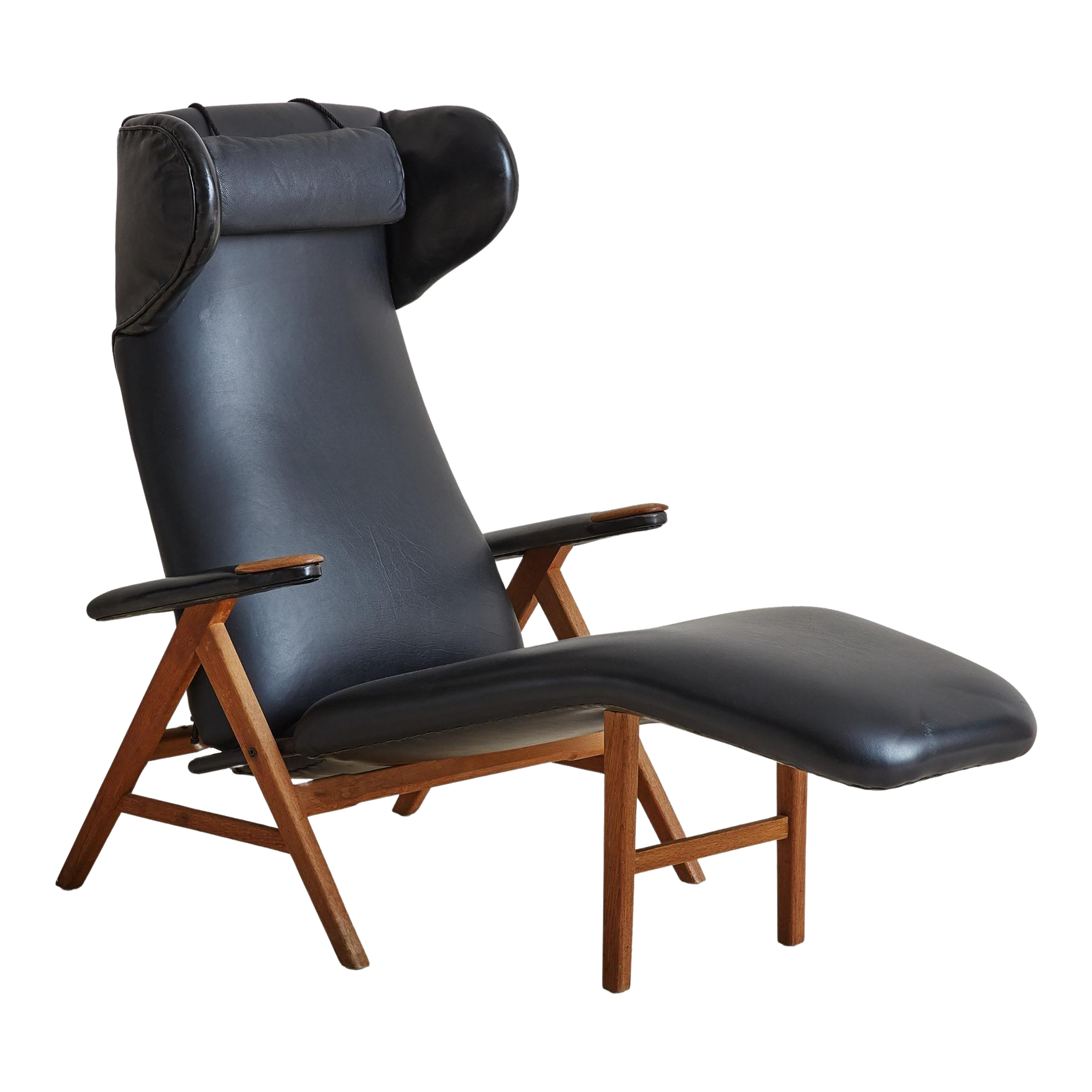 Leather + Wood Reclining Chaise Lounge Chair by Henry W. Klein for ...