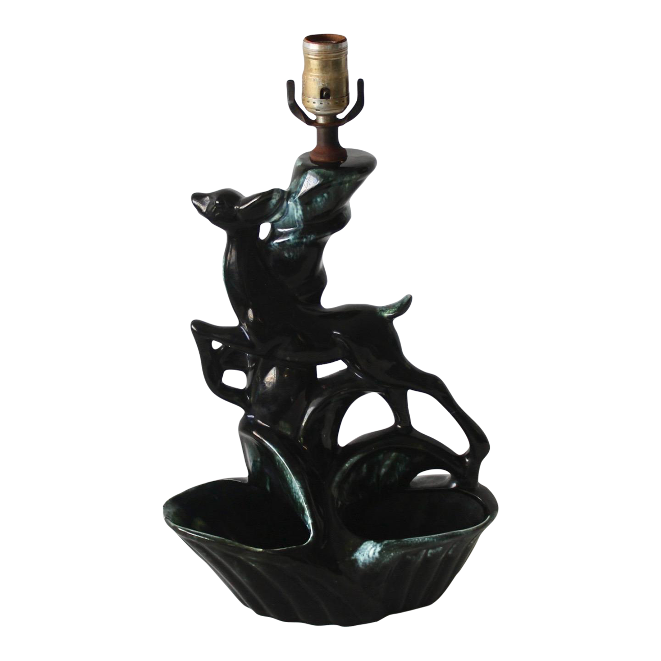 Vintage Mid Century Blue Black Green Prancing Deer Ceramic Table Tv Lamp | Chairish