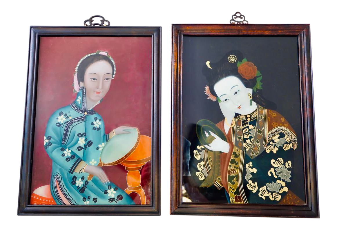 19th C. Reverse Glass Chinese Paintings. Art Portraits - a Pair | Chairish