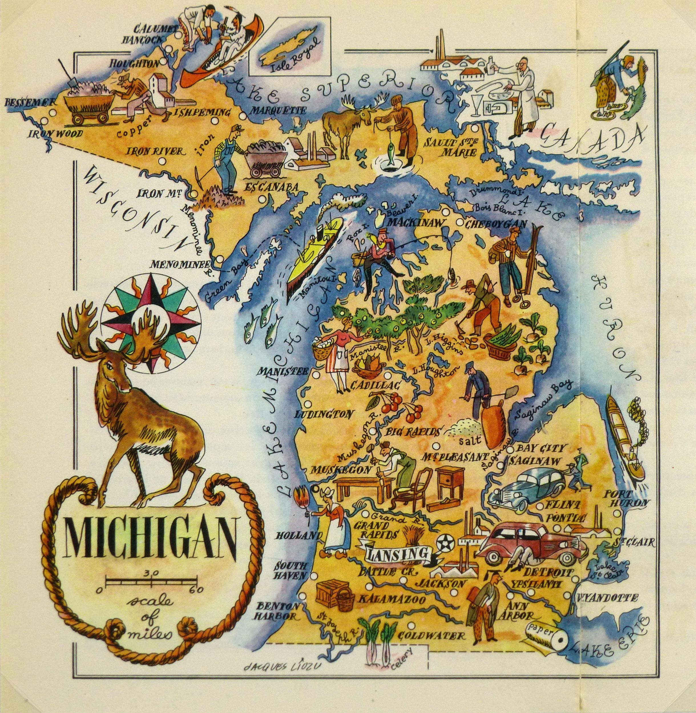 Vintage 1946 Michigan Pictorial Map | Chairish