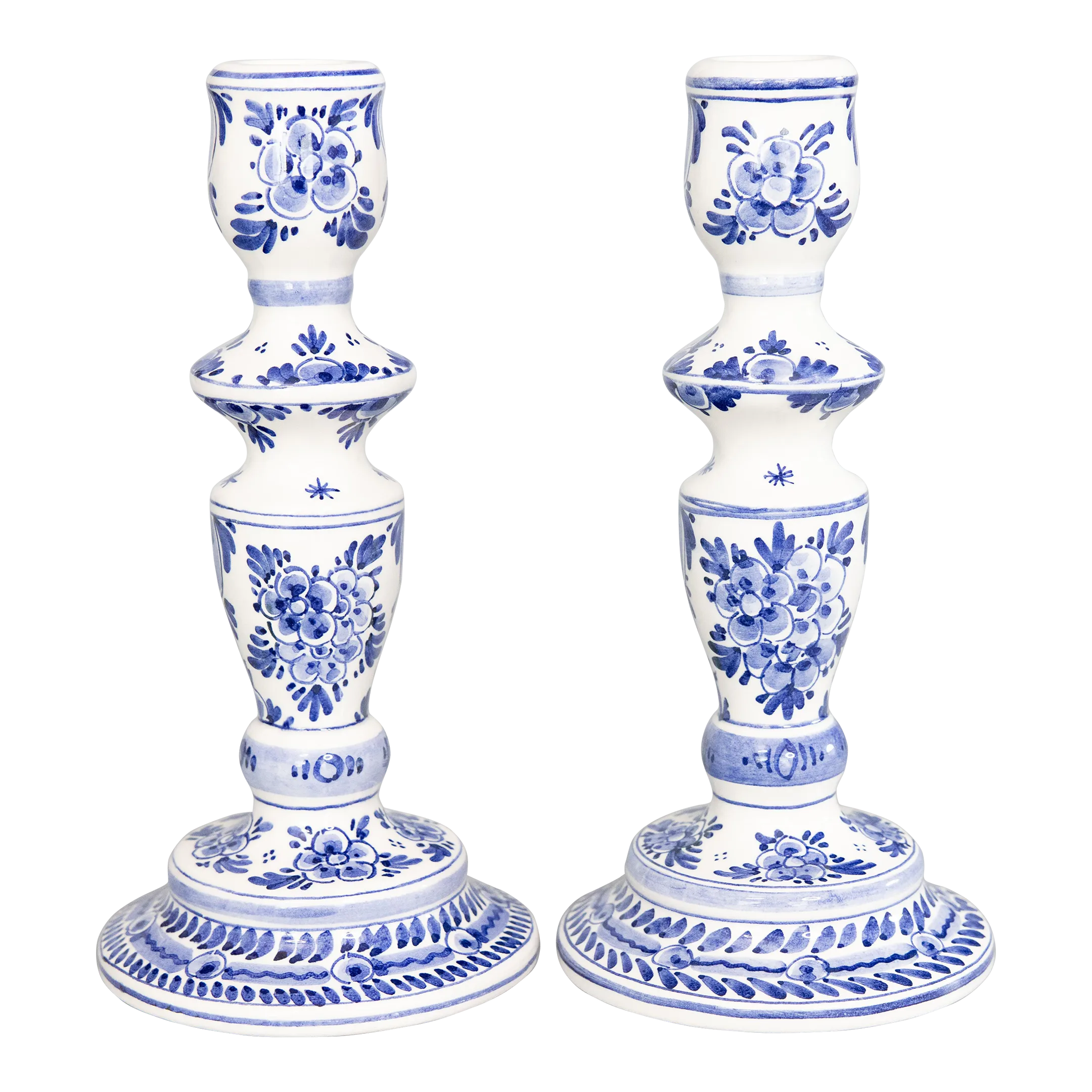 Vintage Dutch Delft Faience Floral Candlesticks - a Pair | Chairish