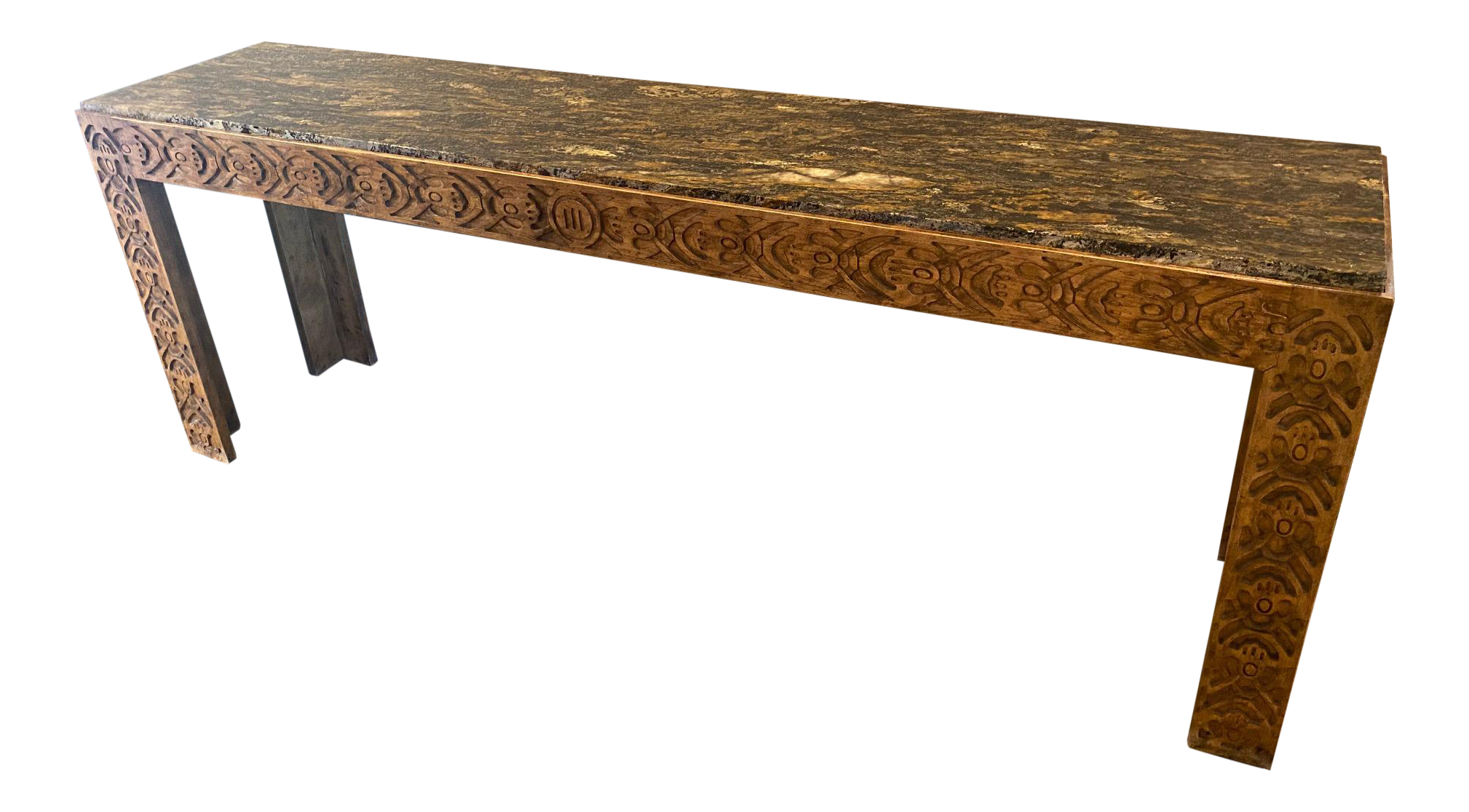 Rustic Carved Wood and Granite Console Table | Chairish