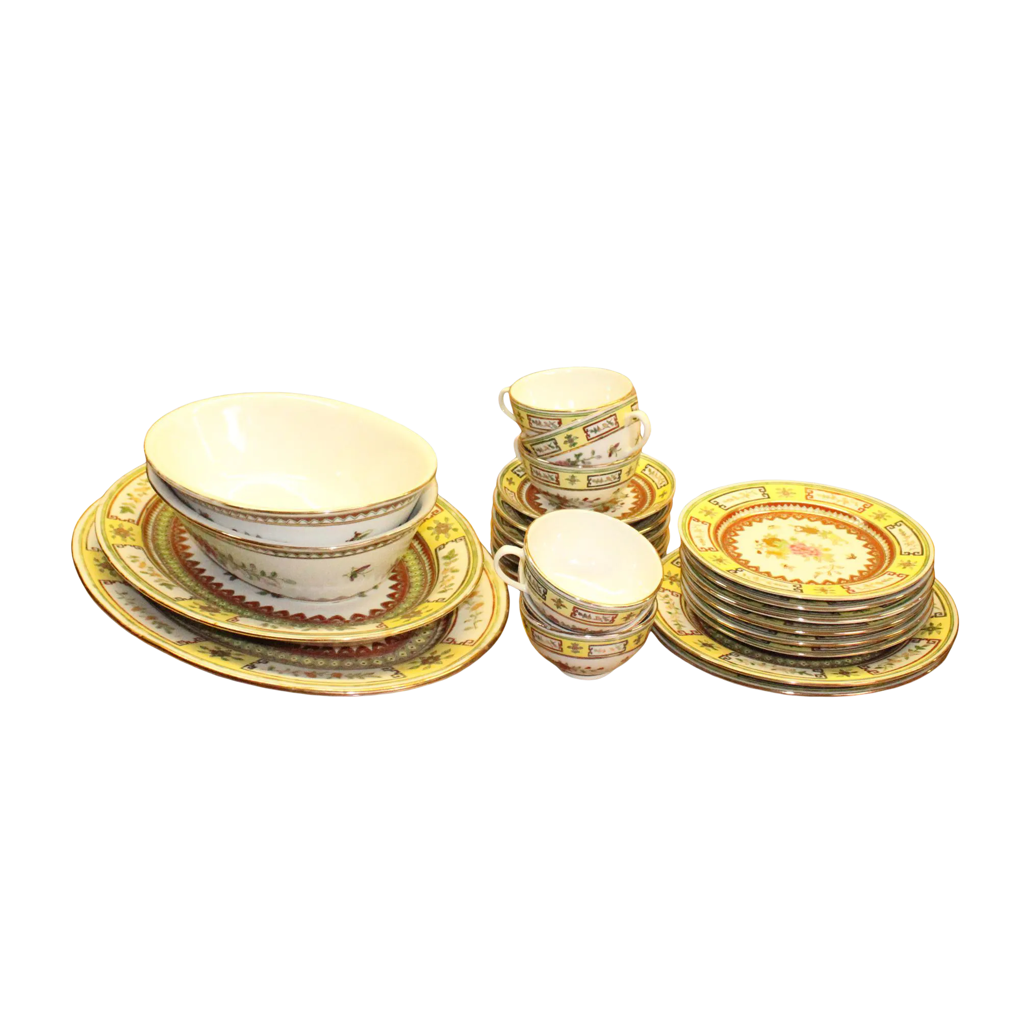 Set Chinese Vintage Yellow Floral Theme White Base Porcelain Teacups ...
