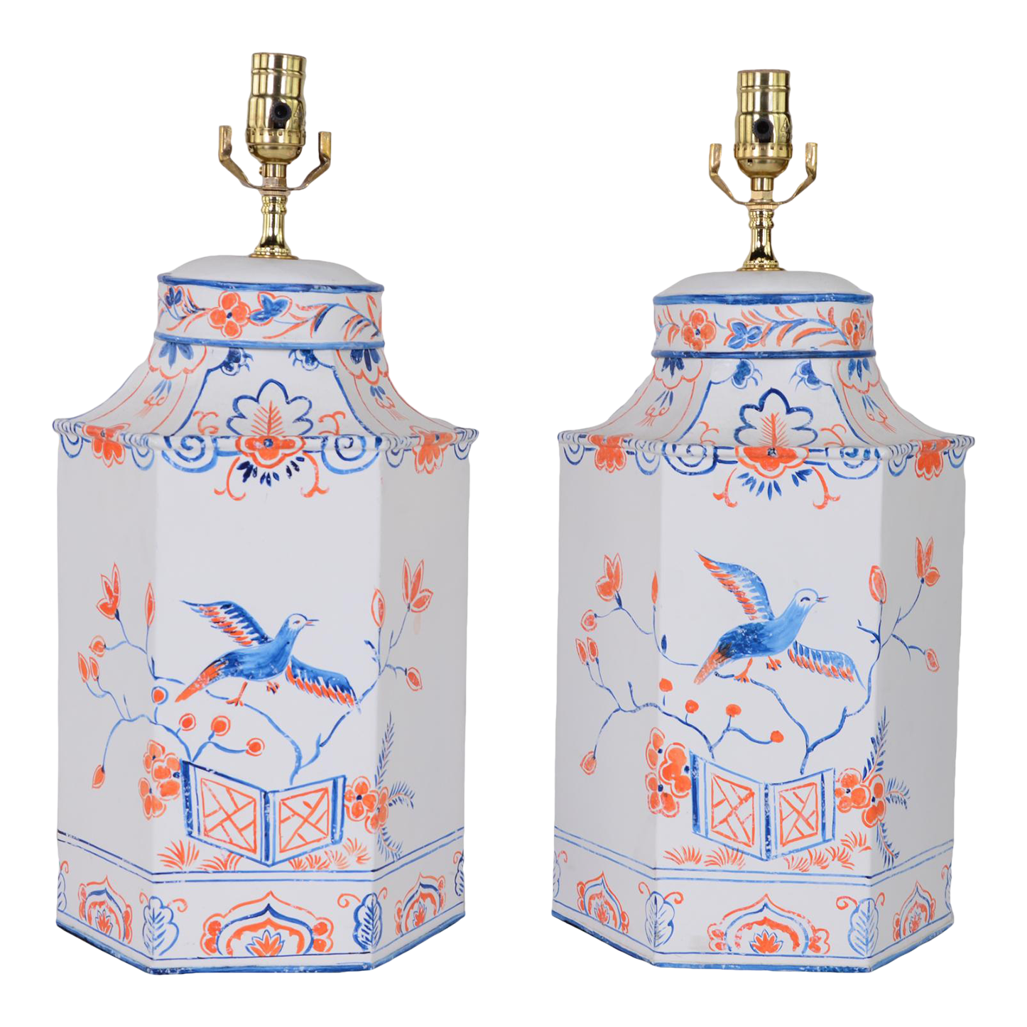Pair of Vintage Imari Design Orange and Blue Hand Painted Tole Tea Jar ...