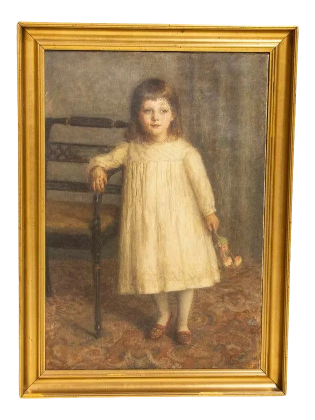 Original Oil on Canvas Portrait of Girl Standing With Bouquet of ...