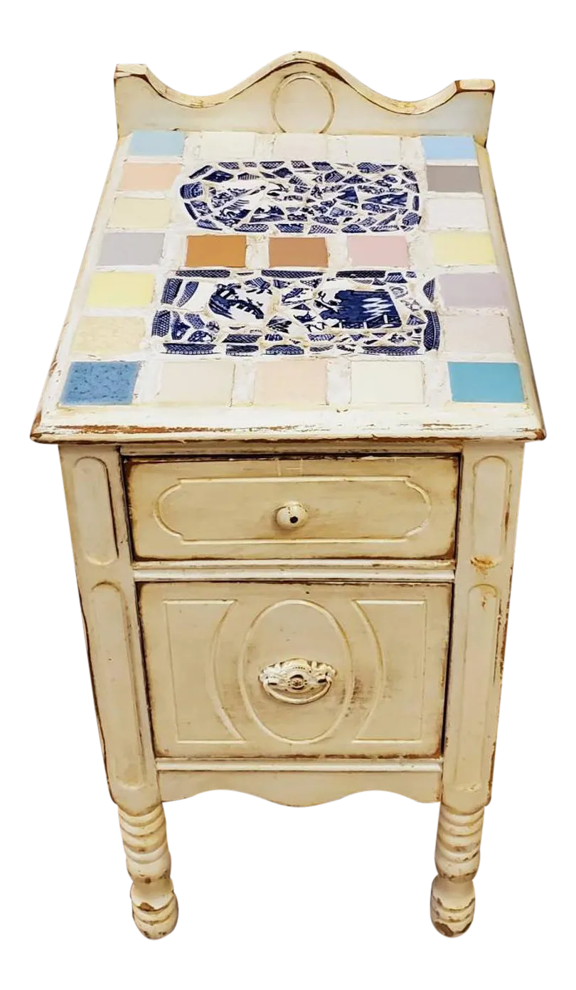 Antique Distressed Painted Mosiac Tile Top Bedside Nightstand Table ...