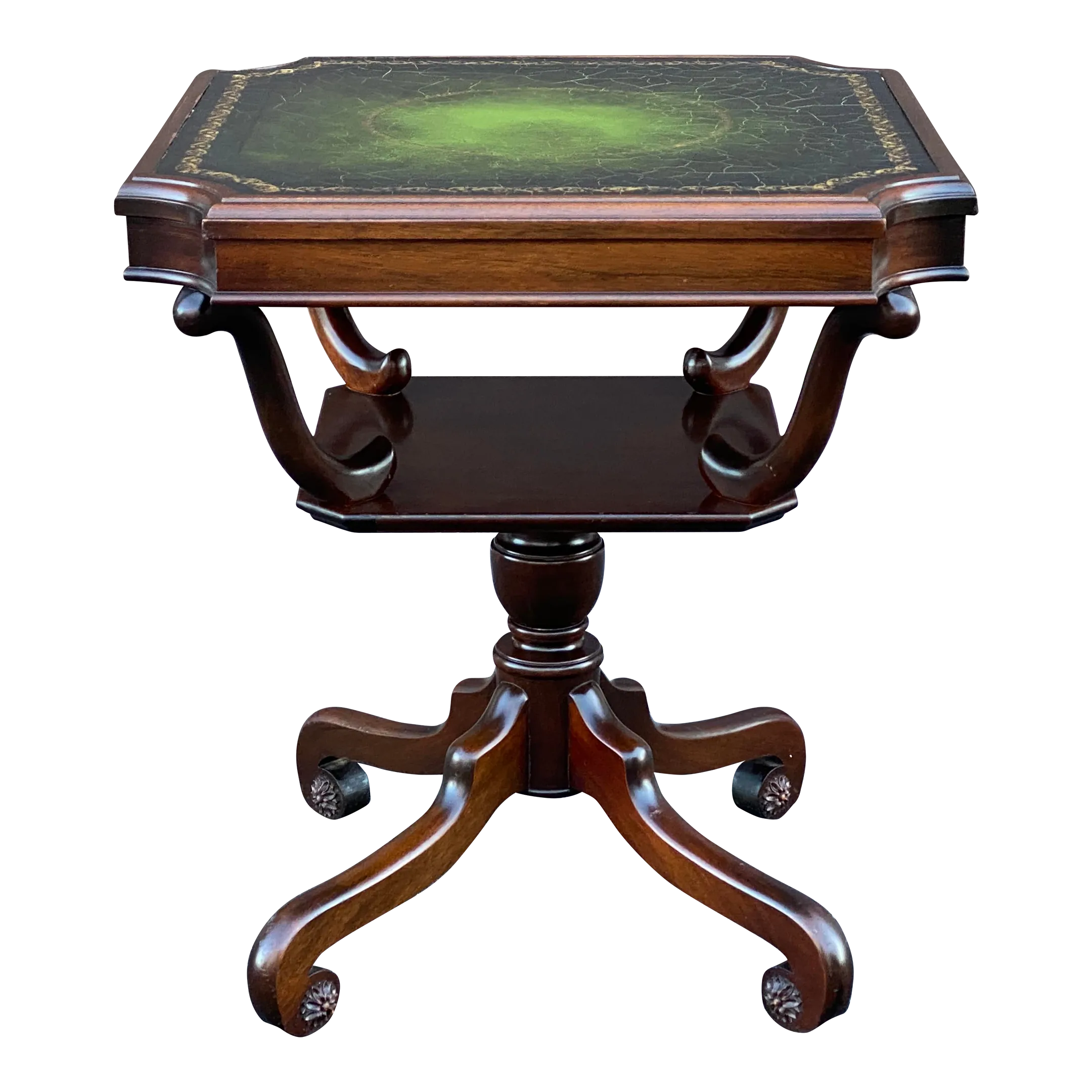 Antique Mahogany Scroll Foot Center Table With Tooled Green Leather Top ...