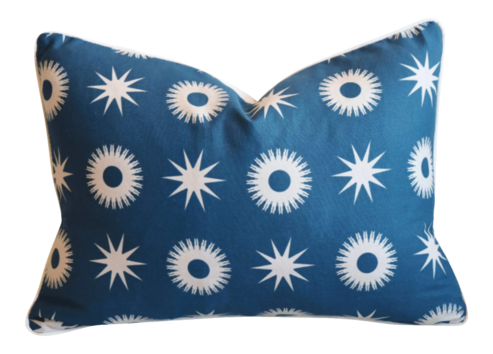 Designer Navy Blue & Ivory Sun & Stars Pillow 24" X 18" | Chairish